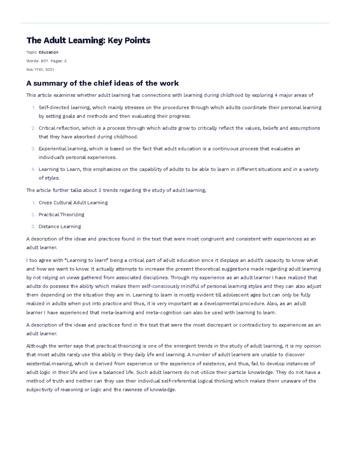 The Adult Learning- Key Points Free Essay Example - The Adult Learning ...