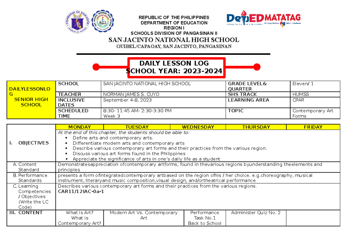 SHS Daily Lesson LOG WEEK 1 - REPUBLIC OF THE PHILIPPINES DEPARTMENT OF ...