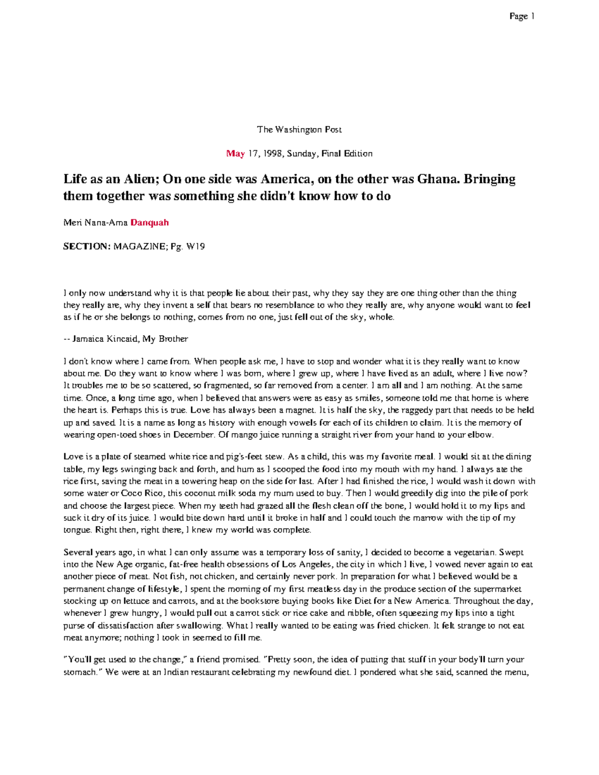 Life As An Alien - The Washington Post May 17, 1998, Sunday, Final ...