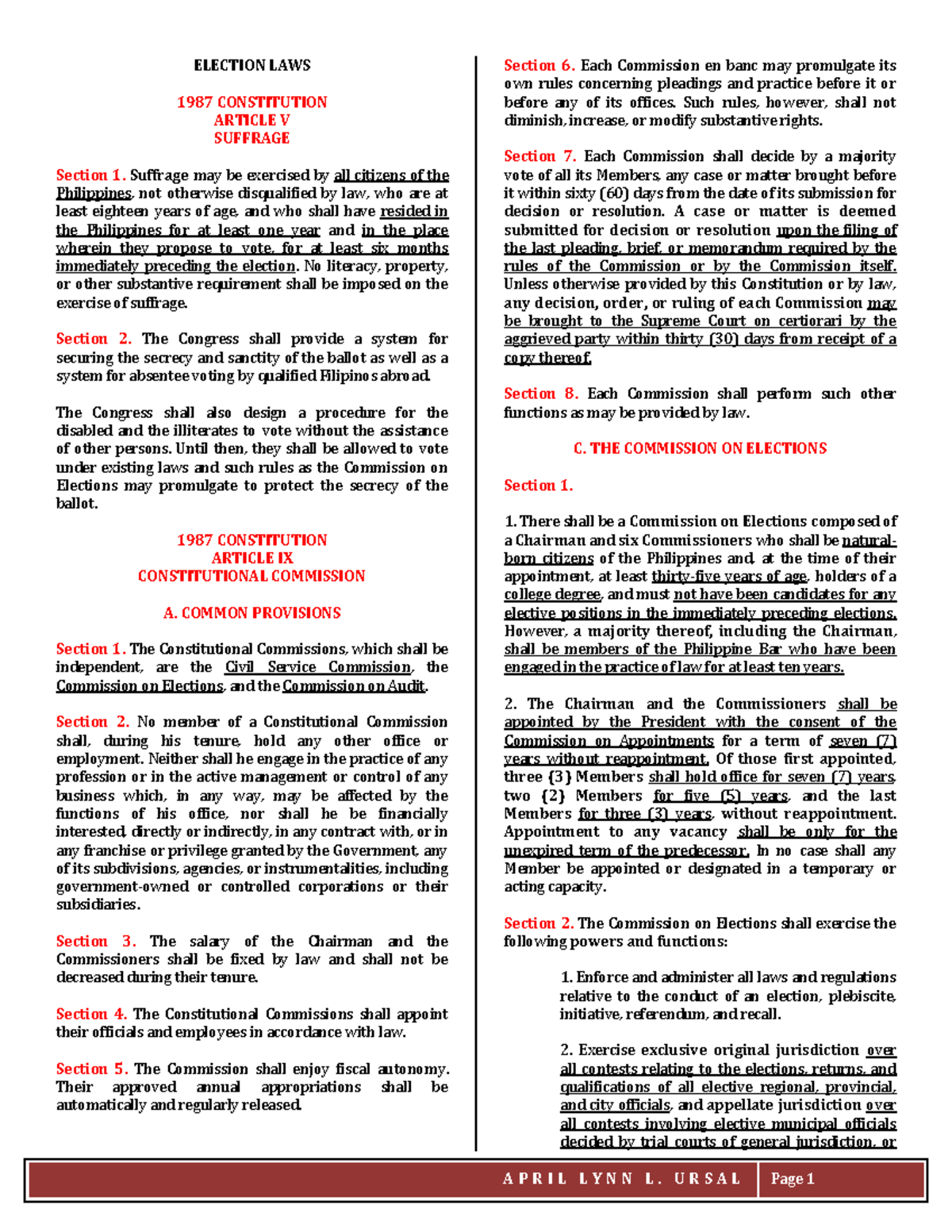 Election Laws Notes - ELECTION LAWS 1987 CONSTITUTION ARTICLE V ...