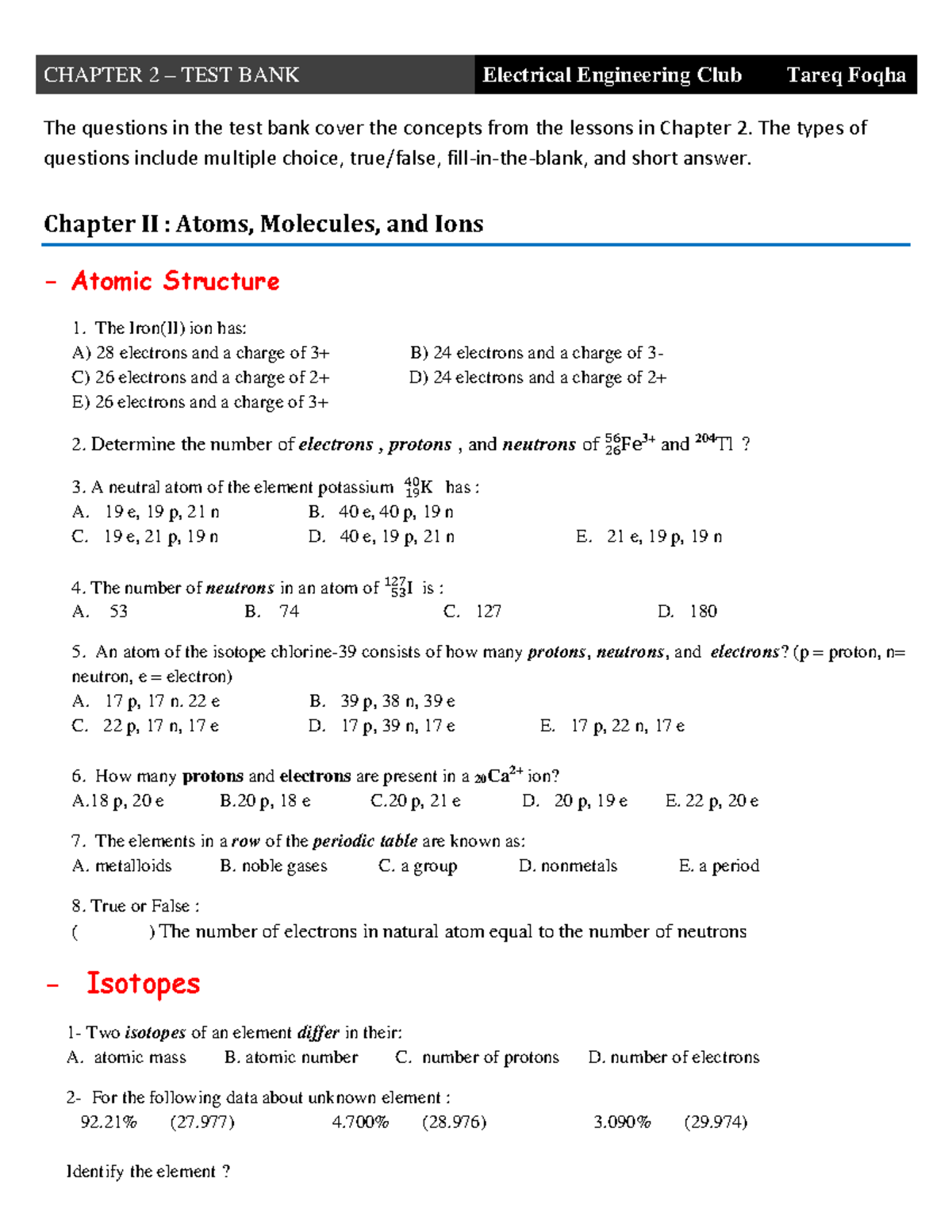Chapter 2 TEST BANK Atoms Molecules and - The questions in the test ...