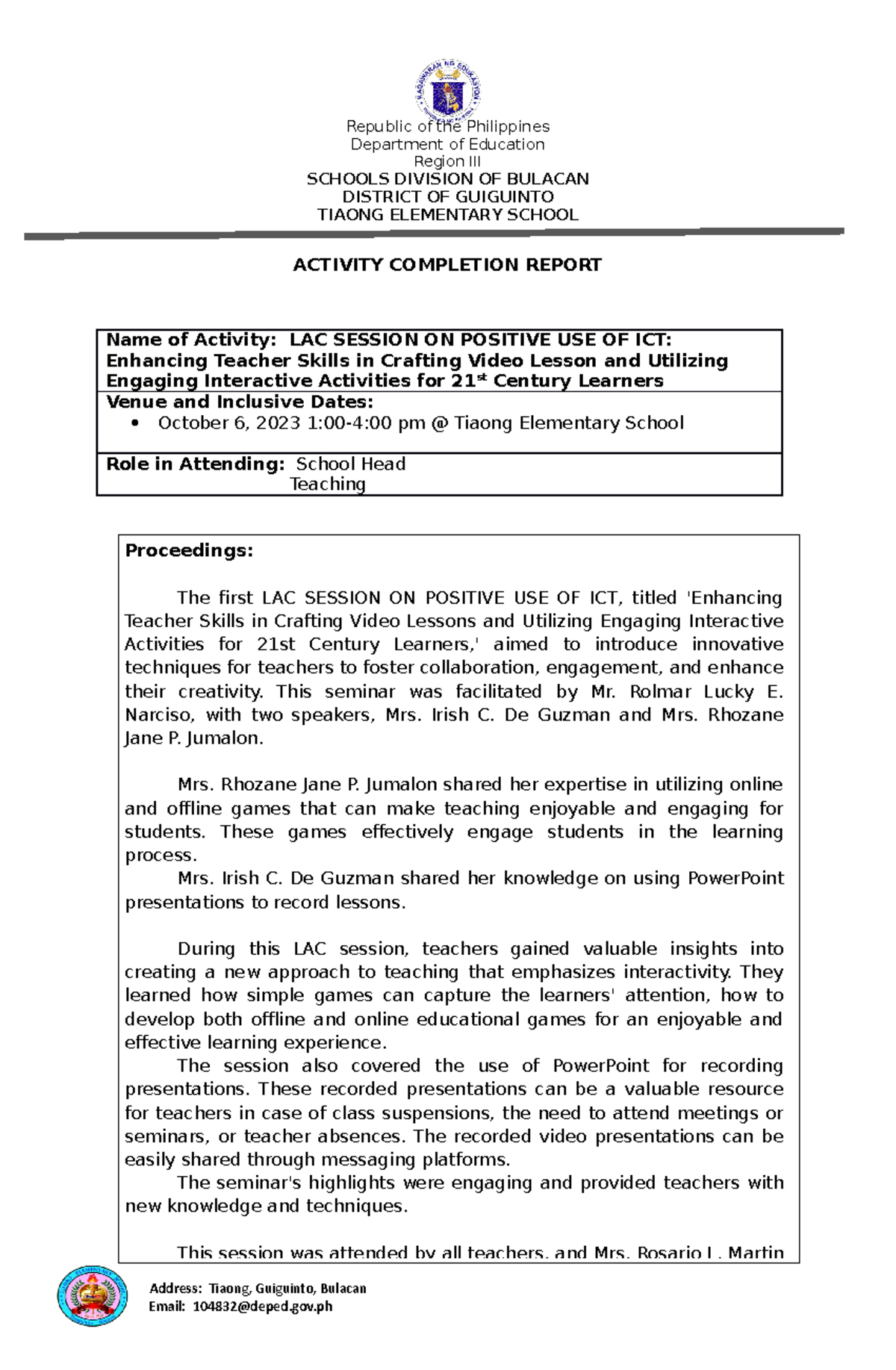 ACR-LAC Session 1-2023-24 - Department of Education Region III SCHOOLS ...