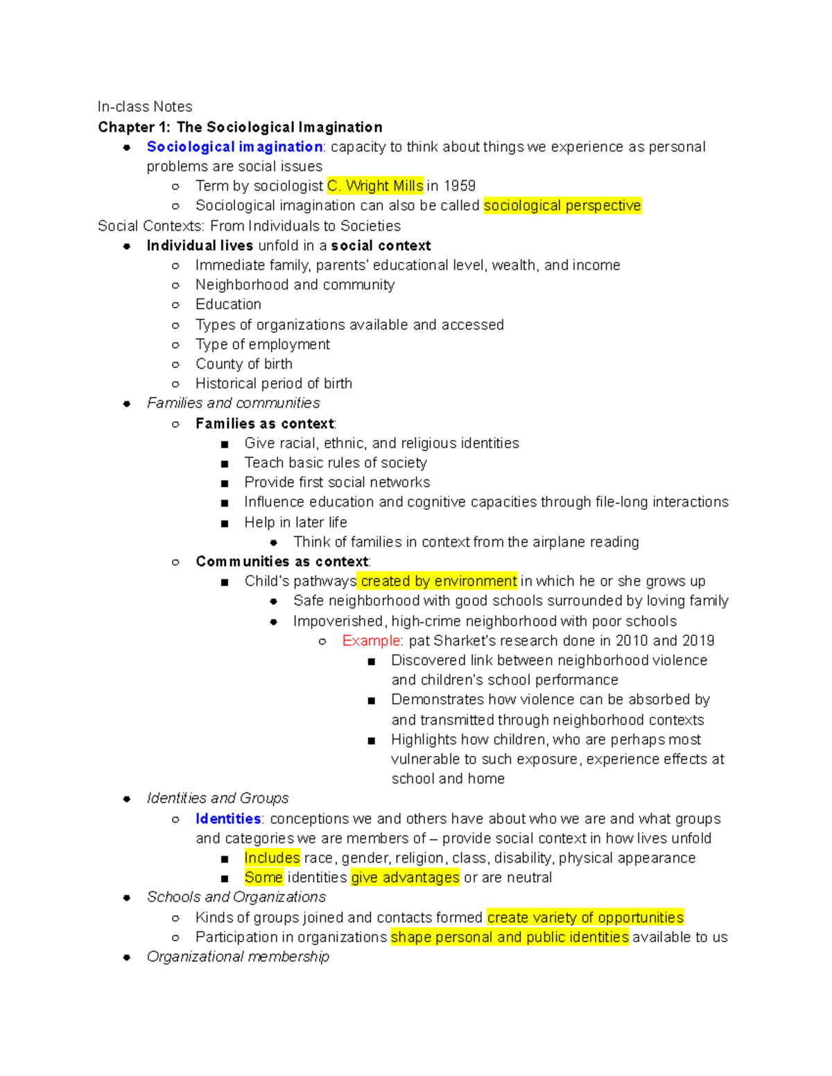 Sociology notes - In-class Notes Chapter 1: The Sociological ...