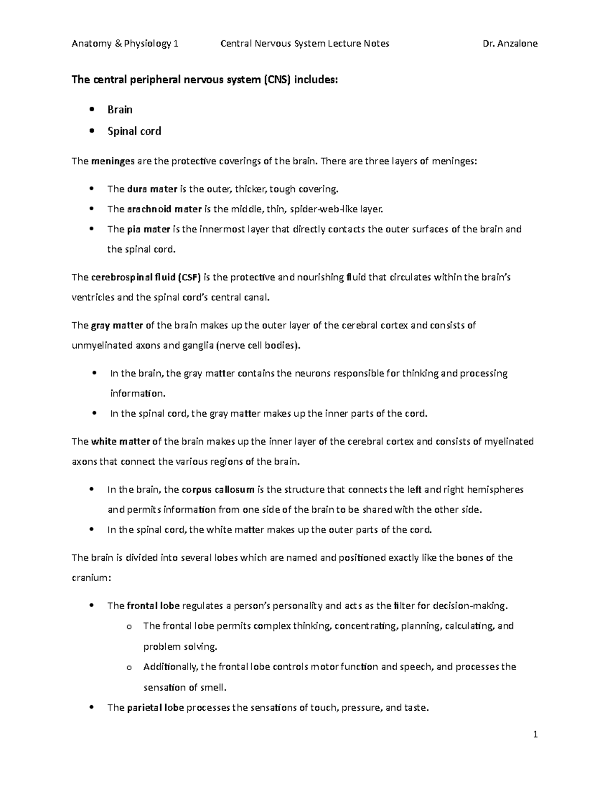 Central Nervous System Lecture Notes - Anzalone The central peripheral ...