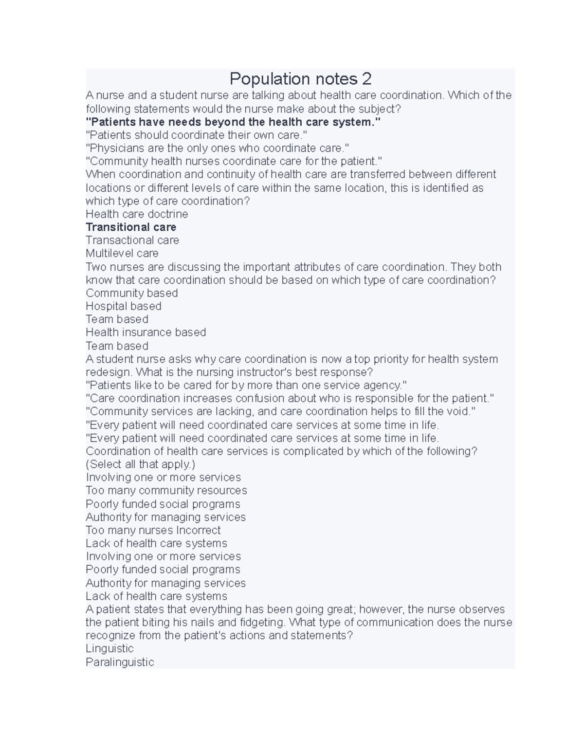 Population notes 2 - practice questions - Population notes 2 A nurse ...