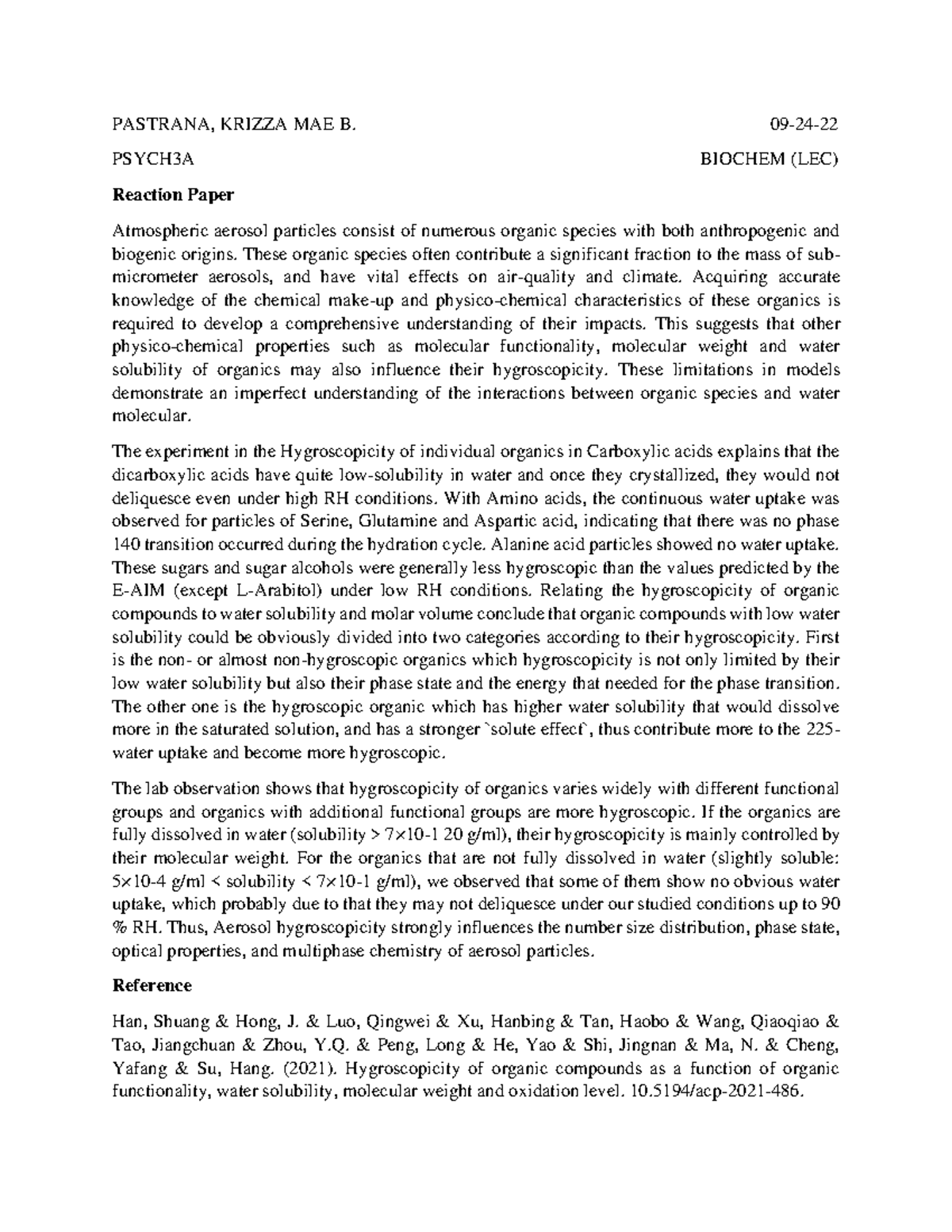 Reaction paper final - PASTRANA, KRIZZA MAE B. 09-24- PSYCH3A BIOCHEM ...