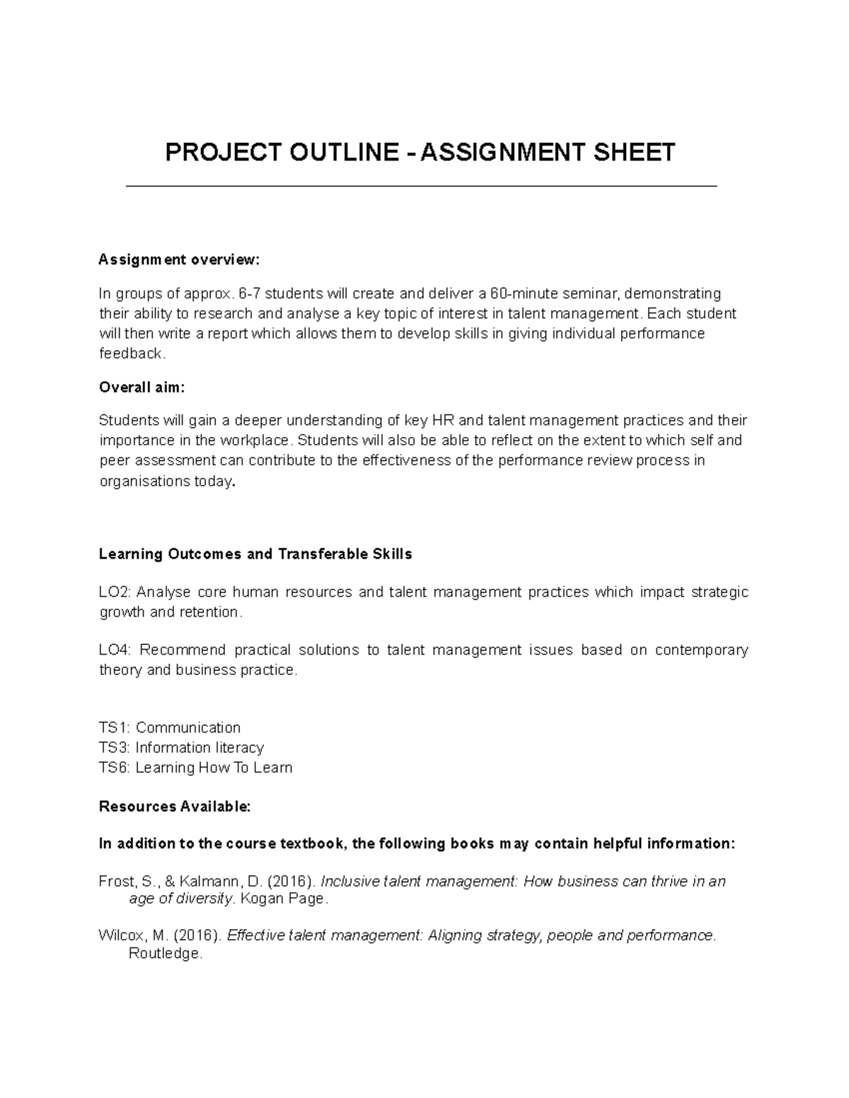 HR Talent Mgt Group Project 2023 - PROJECT OUTLINE - ASSIGNMENT SHEET ...