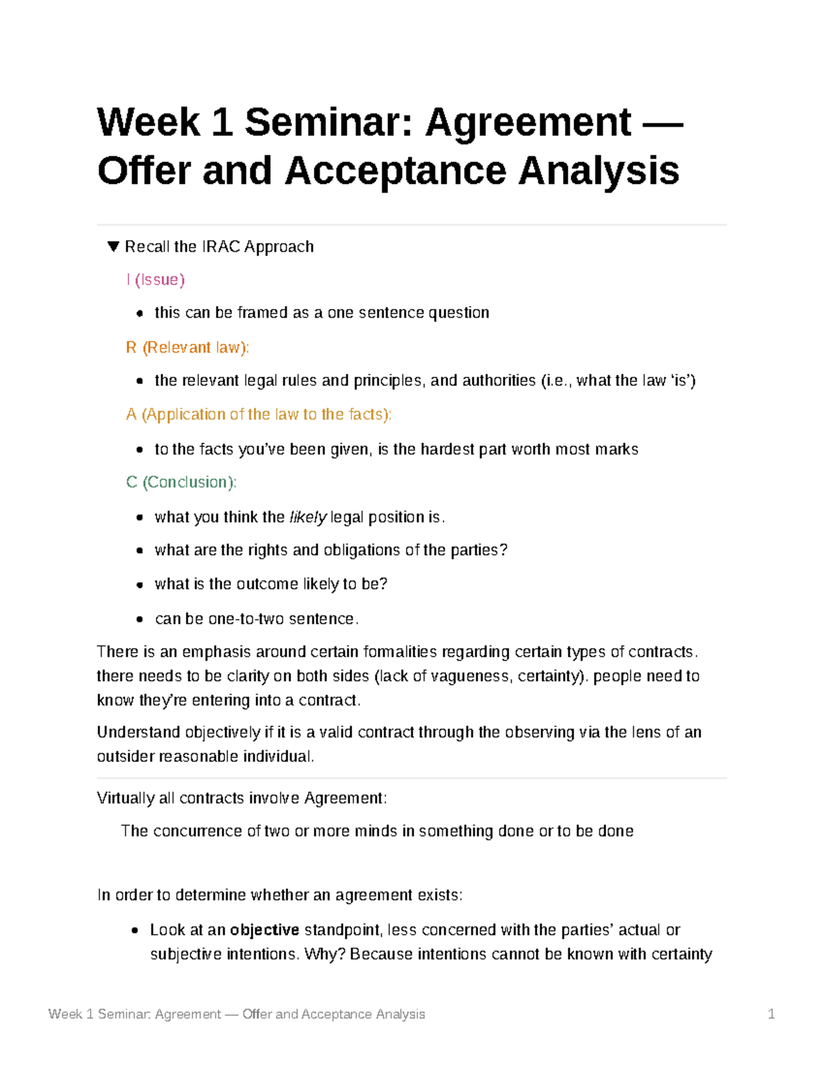 Laws1701 week 1 seminar - Week 1 Seminar: Agreement — Offer and ...