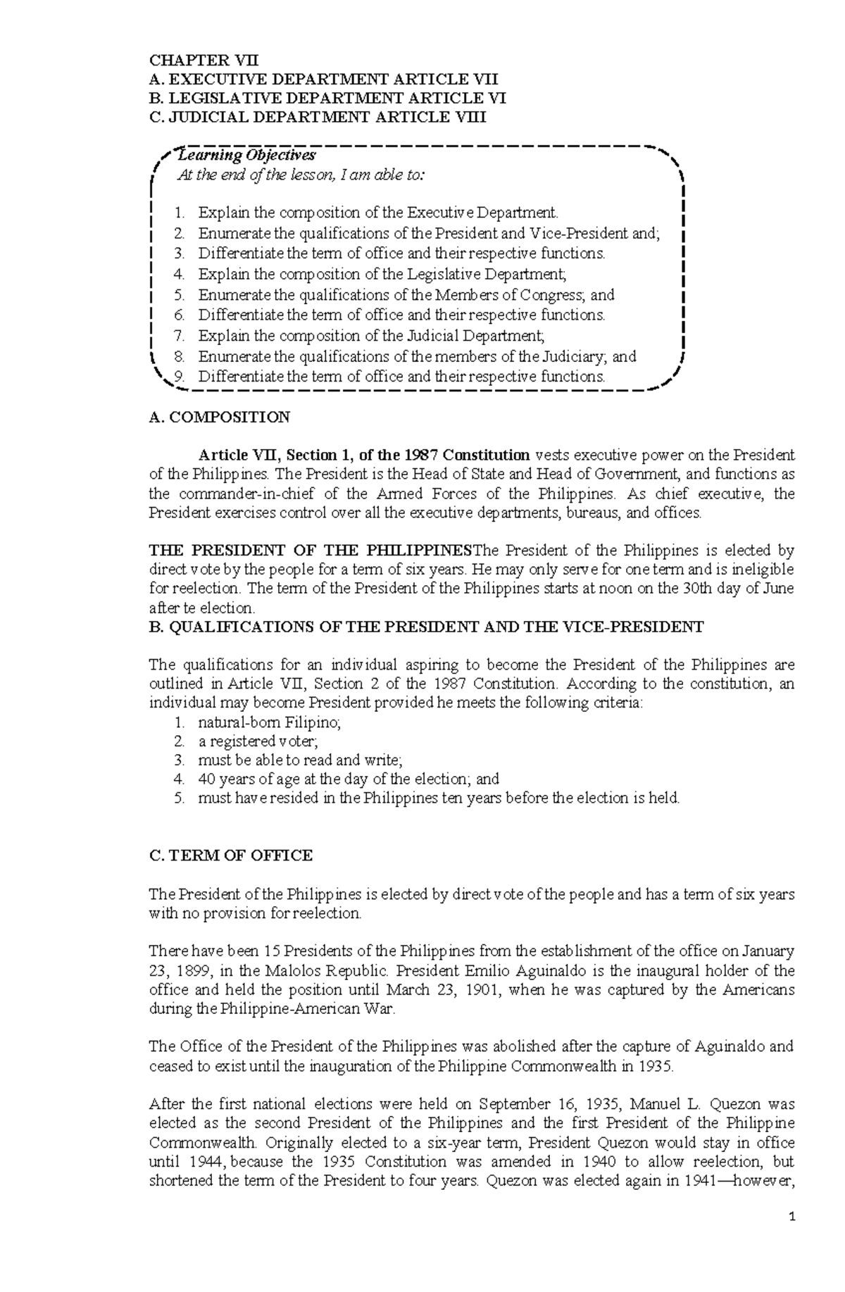 UNIT VII SESS 16 - Learning material - CHAPTER VII A. EXECUTIVE ...