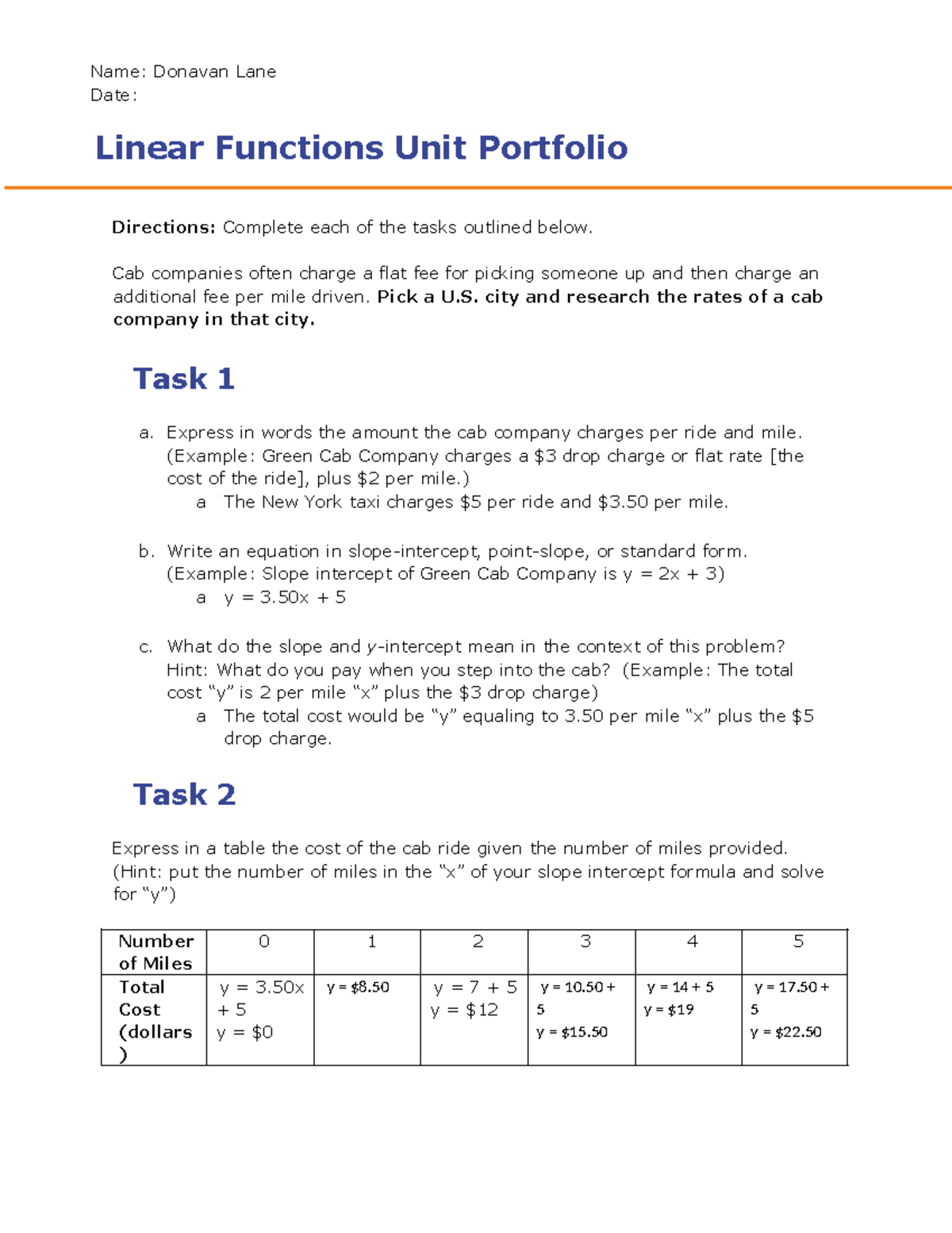 Algebra 1A Term 2 Unit 2 Portfolio Assignment Document - Name: Donavan ...