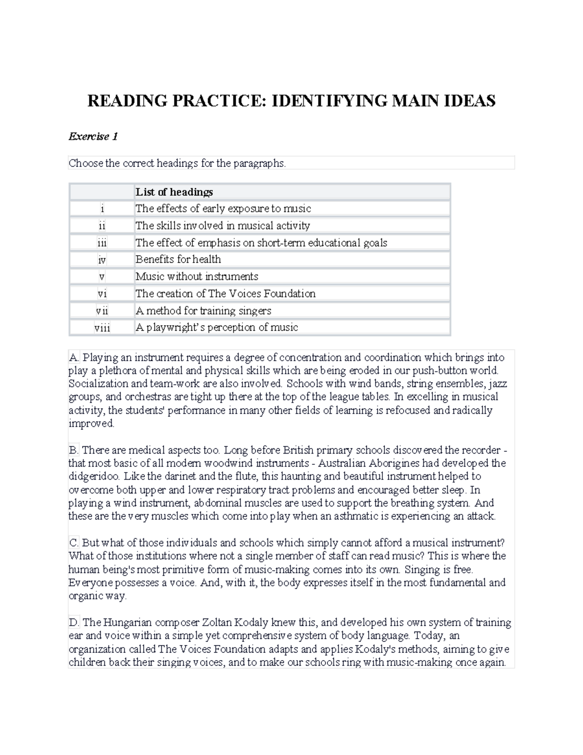 SS Version Bài tập Reading - identifying main ideas - READING PRACTICE ...