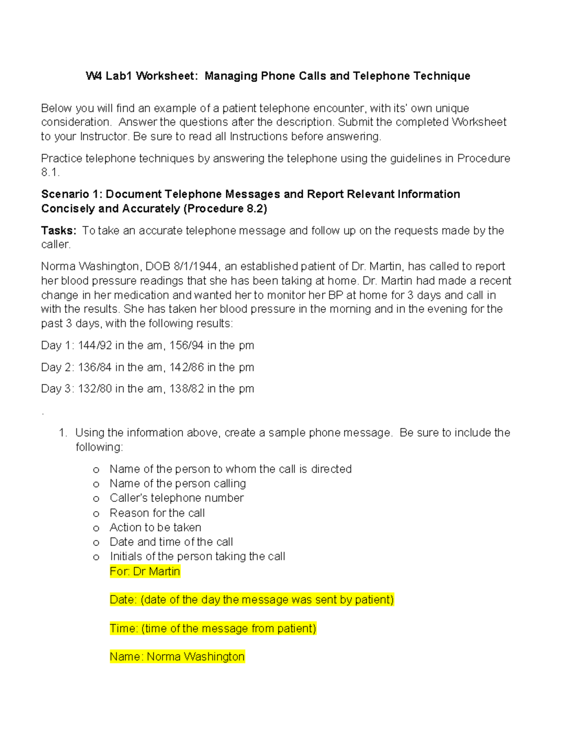 MOA110 W4 Lab - assignment - W4 Lab1 Worksheet: Managing Phone Calls ...