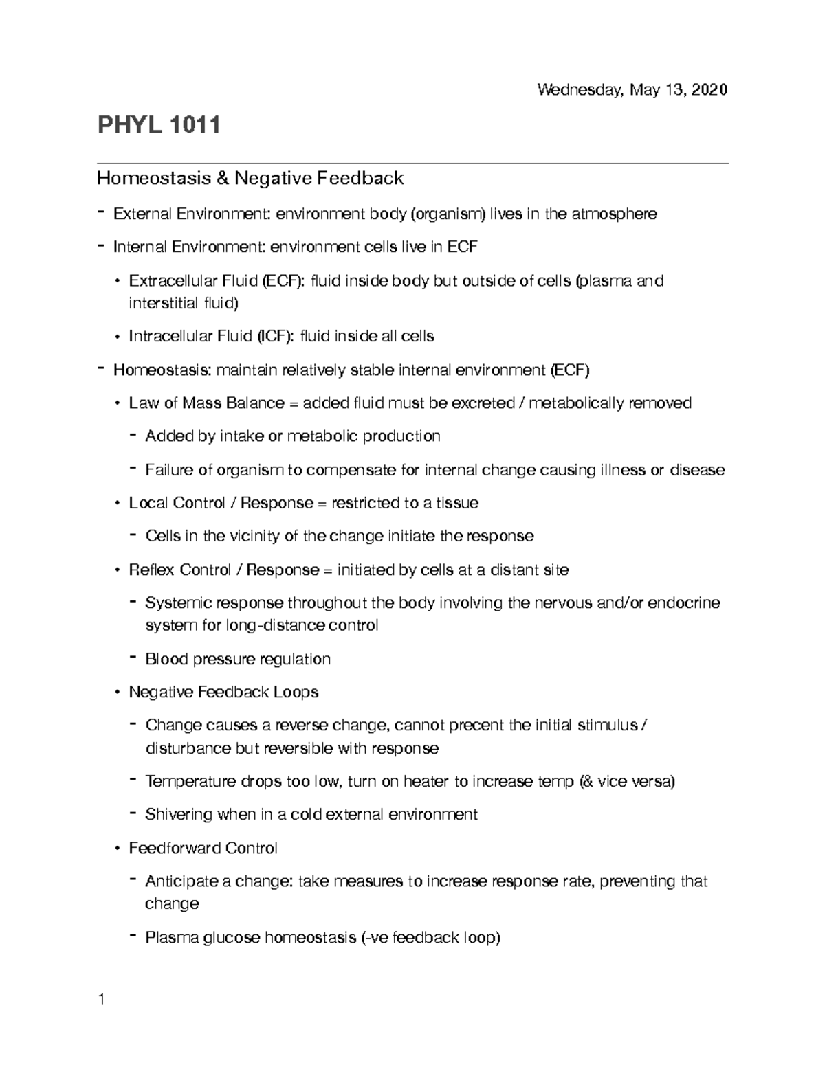 PHYL 1011 - framework / cells - PHYL 1011 Homeostasis & Negative ...