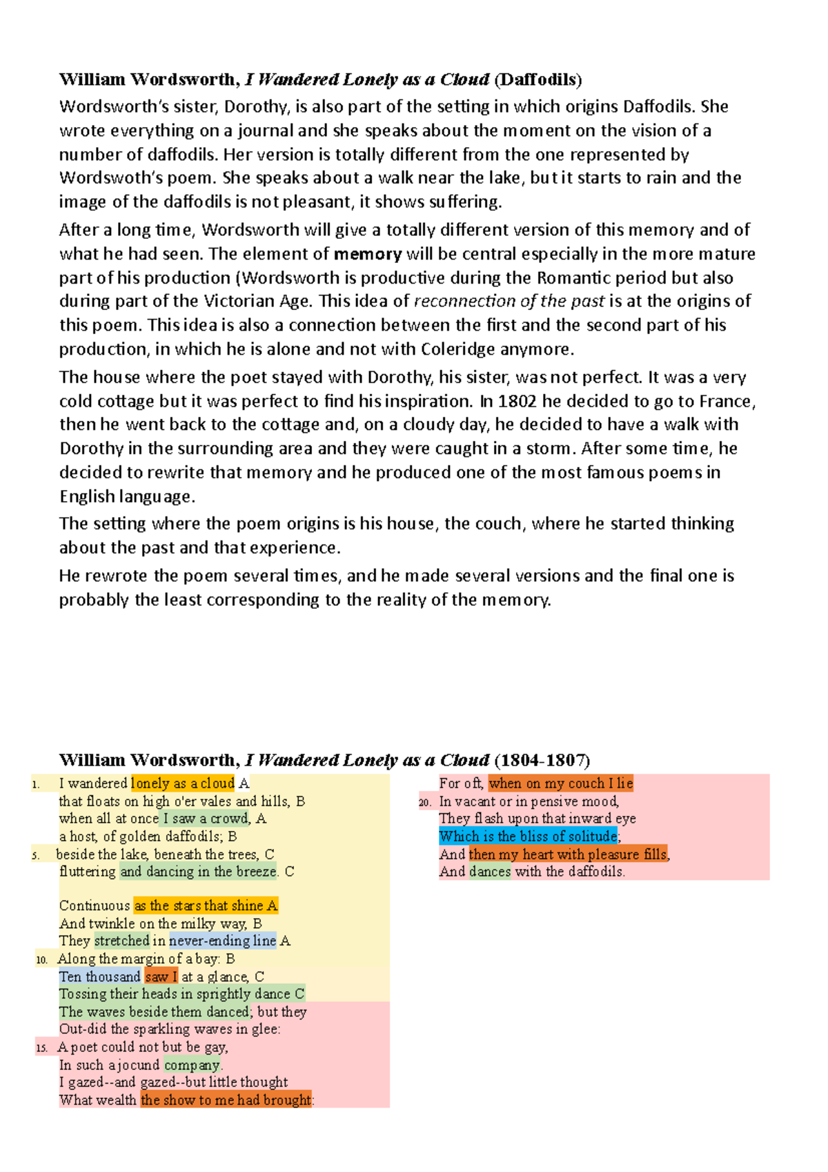Daffodils, analisi poesia appunti presi a lezione - William Wordsworth ...