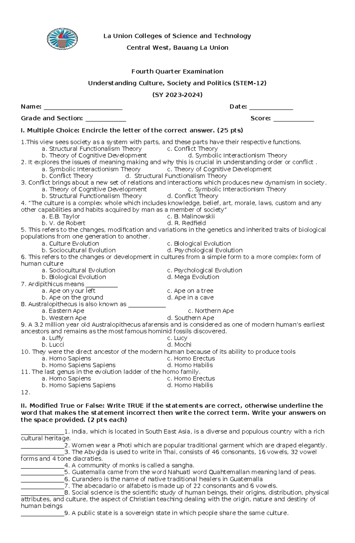 Grade 12 UCSP Third Quarter Test - La Union Colleges of Science and ...