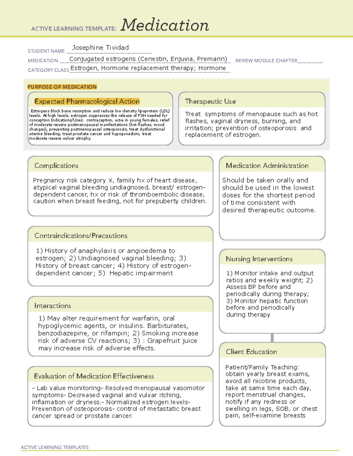 Premarin - Medication - ACTIVE LEARNING TEMPLATES Medication STUDENT ...