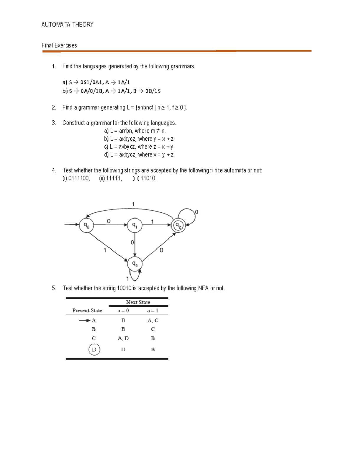 Final Exercises - LE1 - AUTOMATA THEORY Final Exercises Find the languages generated by the ...
