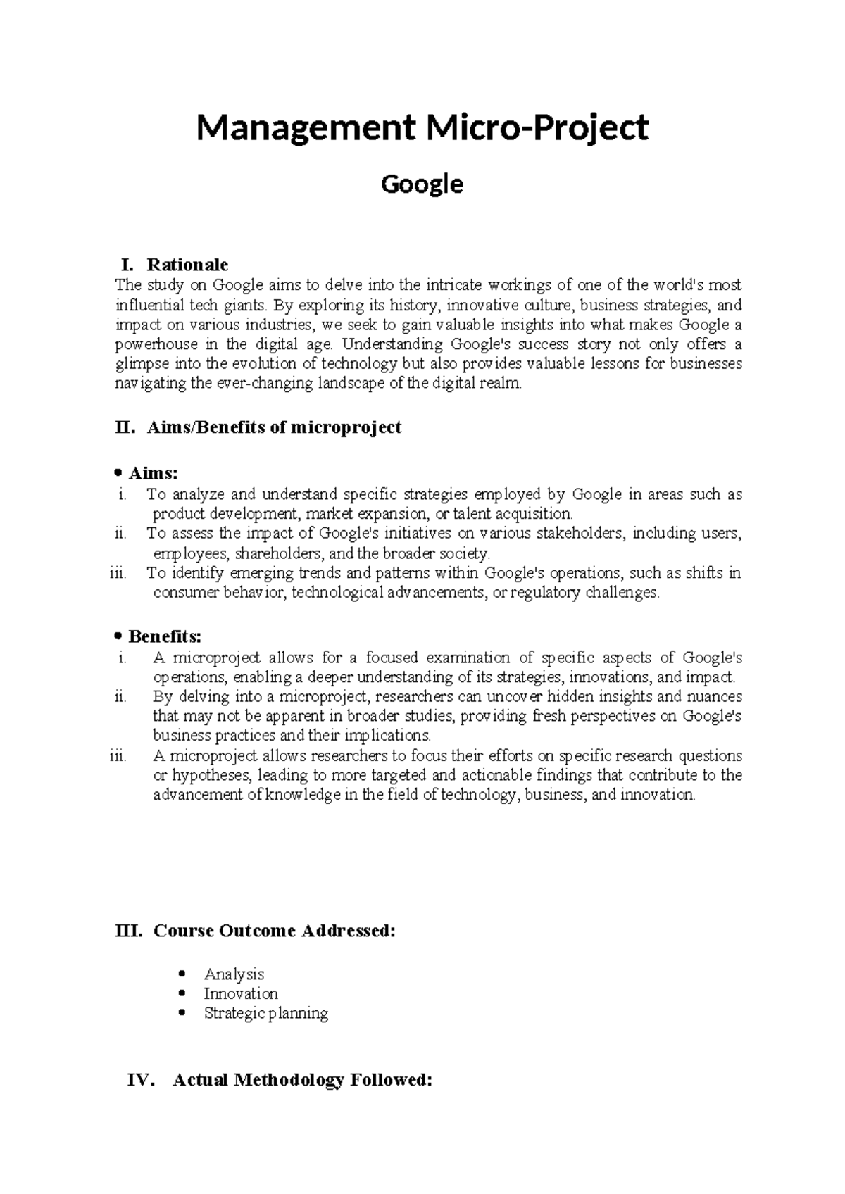 Management Micro - Yyy - Management Micro-Project Google I. Rationale The study on Google aims ...