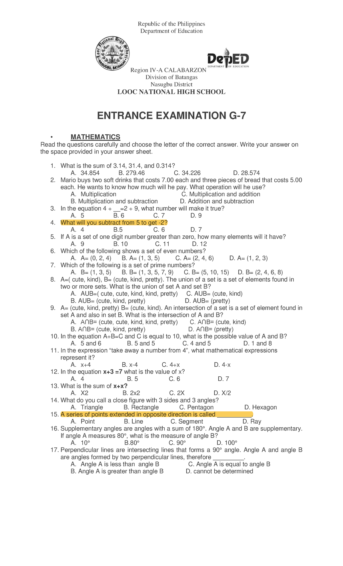 Scribd - Practice Quiz for High SchooL Entrance Exam - Republic of the ...