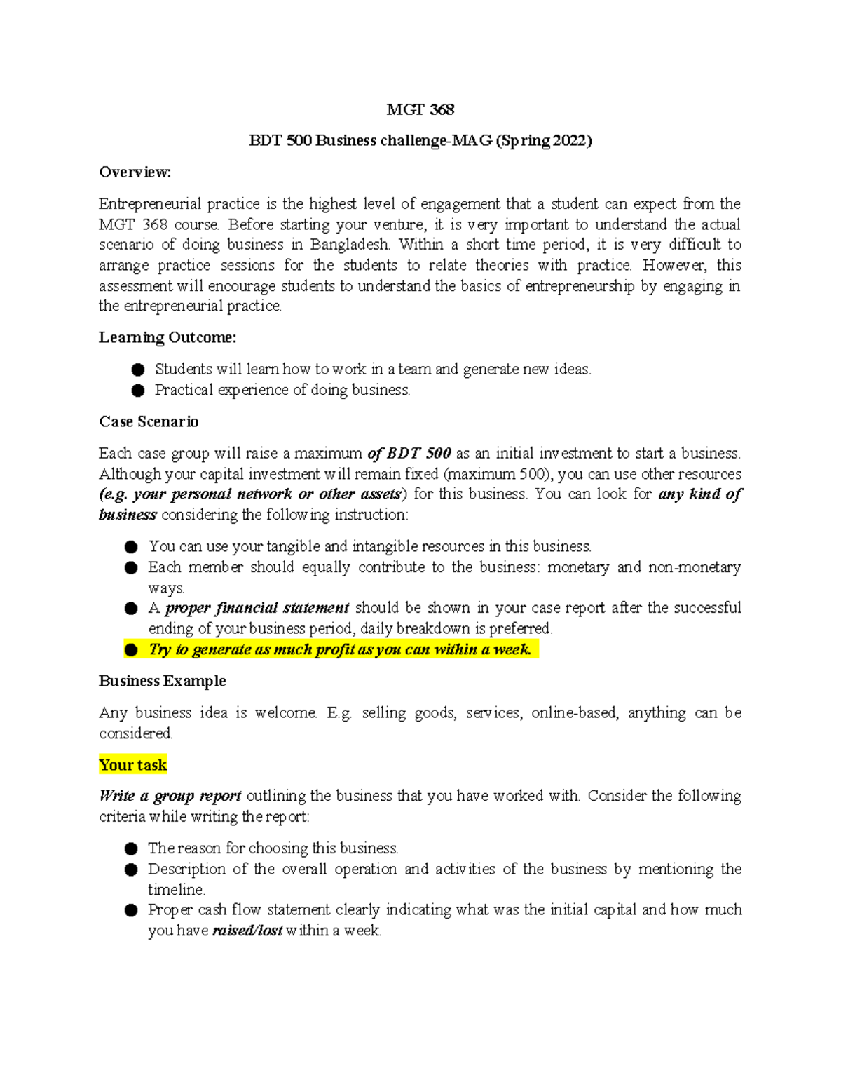 500 tk challenge outline - MGT 368 BDT 500 Business challenge-MAG (Spring 2022) Overview: - Studocu