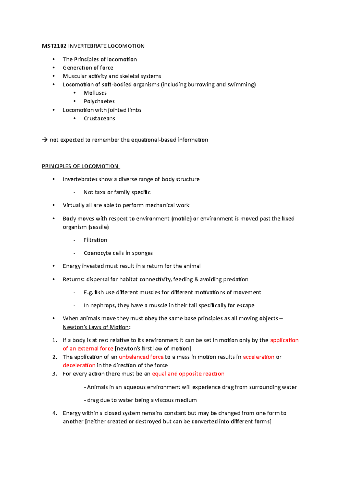 Invertebrate locomotion - MST2102 INVERTEBRATE LOCOMOTION The ...