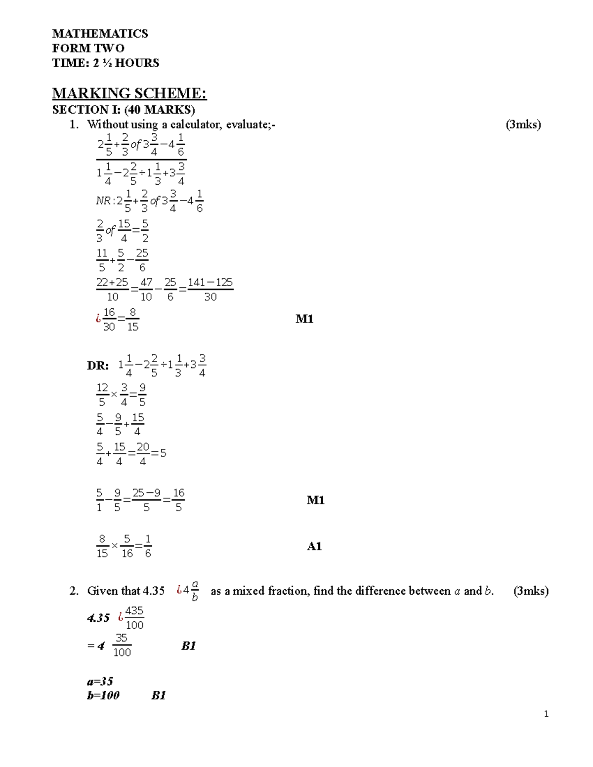 MATH F2 Marking Scheme - Lecture notes 1,3,4 - MATHEMATICS FORM TWO ...
