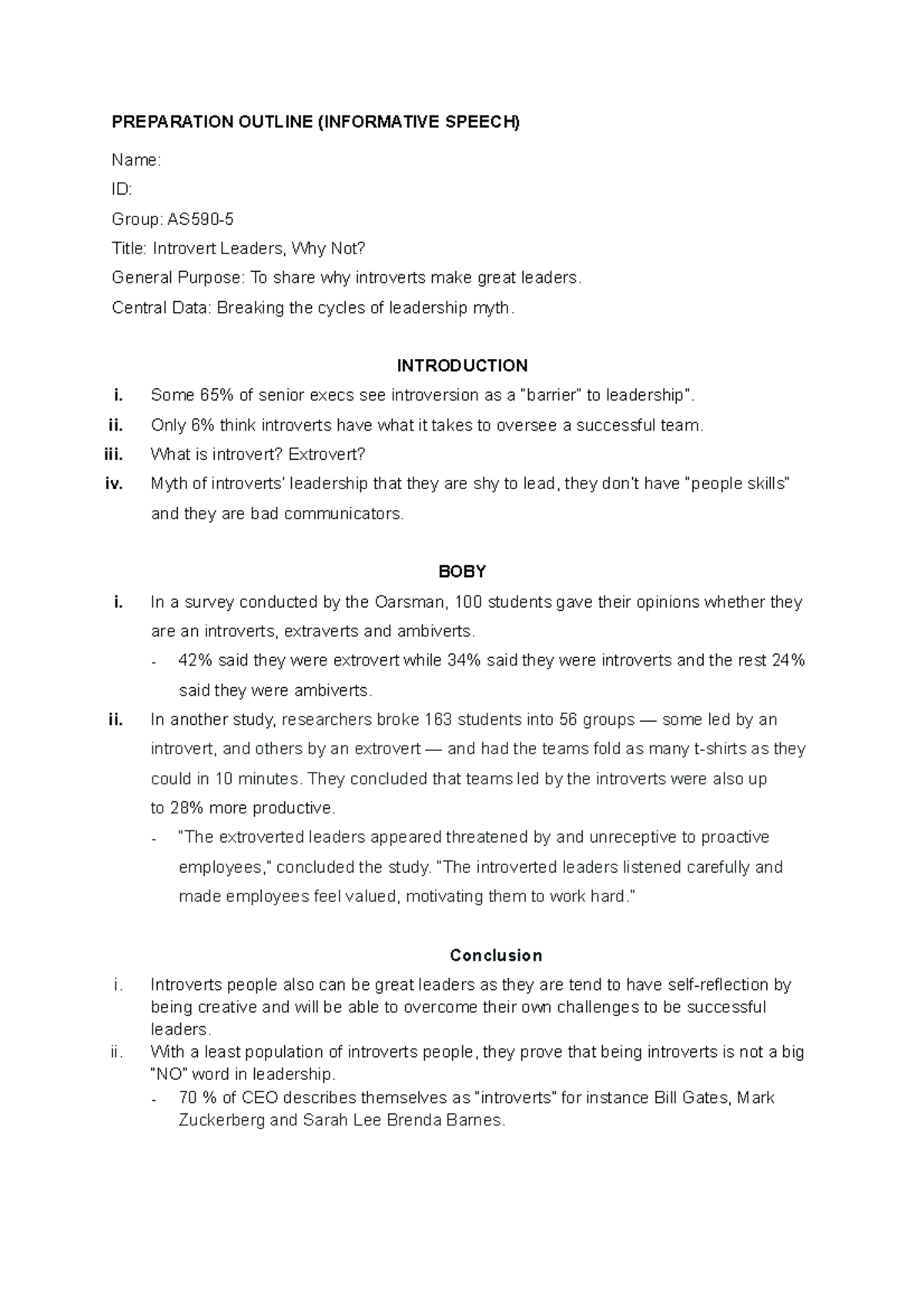 outline example - PREPARATION OUTLINE (INFORMATIVE SPEECH) Name: ID ...