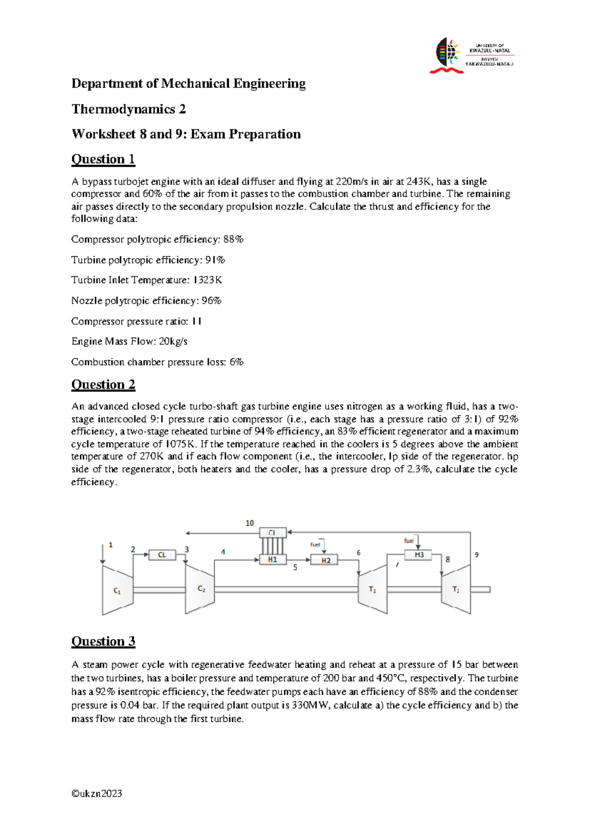 Worksheet 8 and 9 - SI SESSION - ©ukzn 2023 Department of Mechanical ...