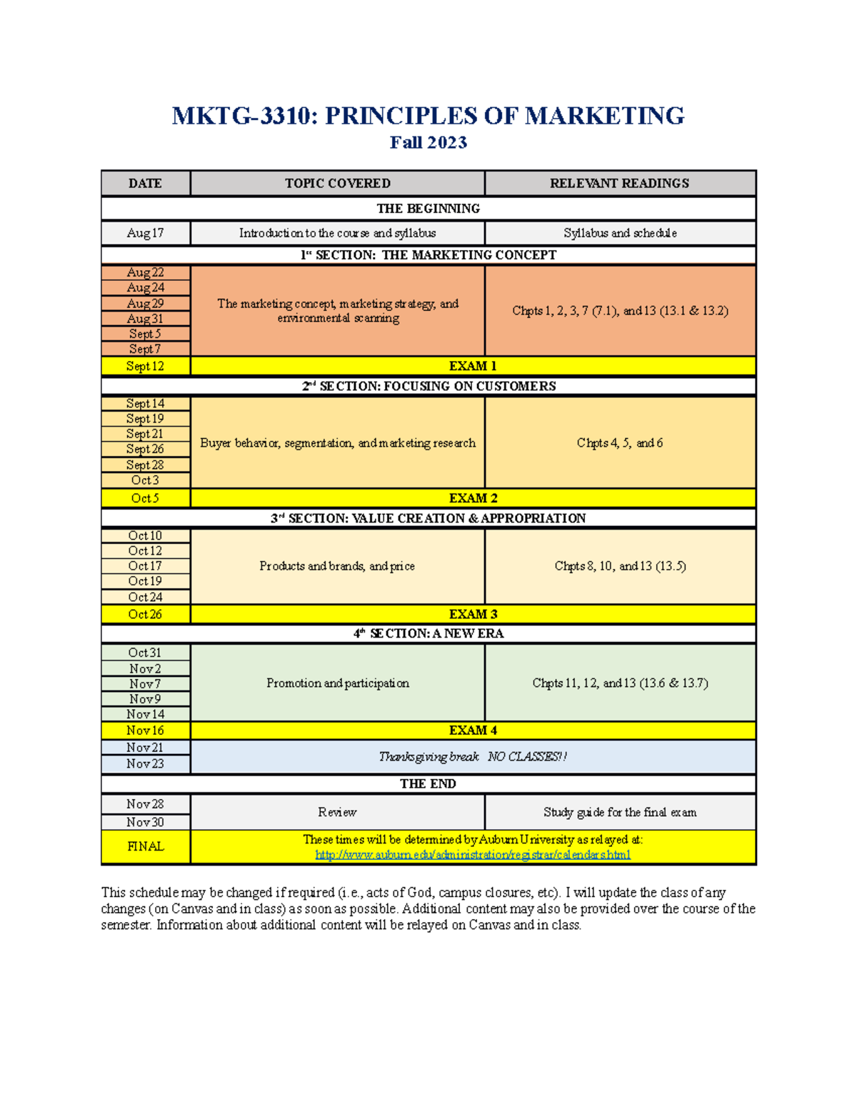 MKTG 3310 Schedule - Fall 2023 Updated - MKTG-3310: PRINCIPLES OF ...