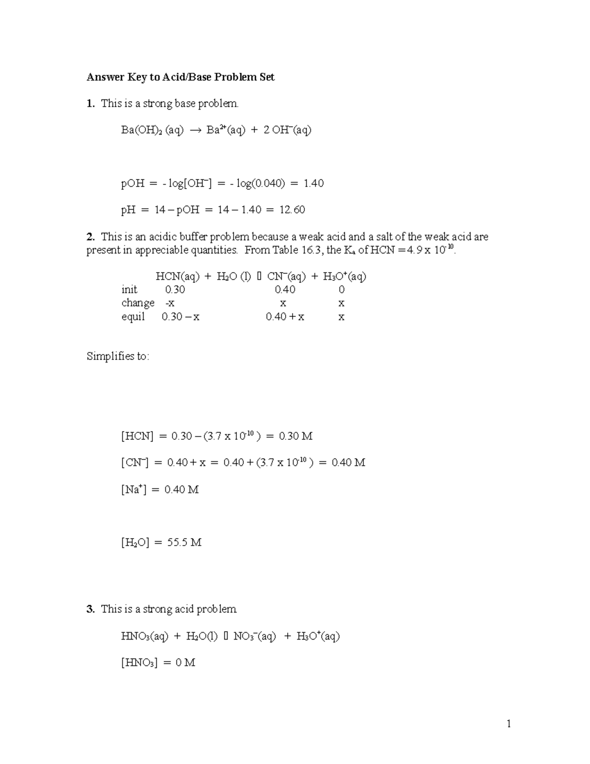 Akacidbase 2 - Answer Key to Acid/Base Problem Set This is a strong ...