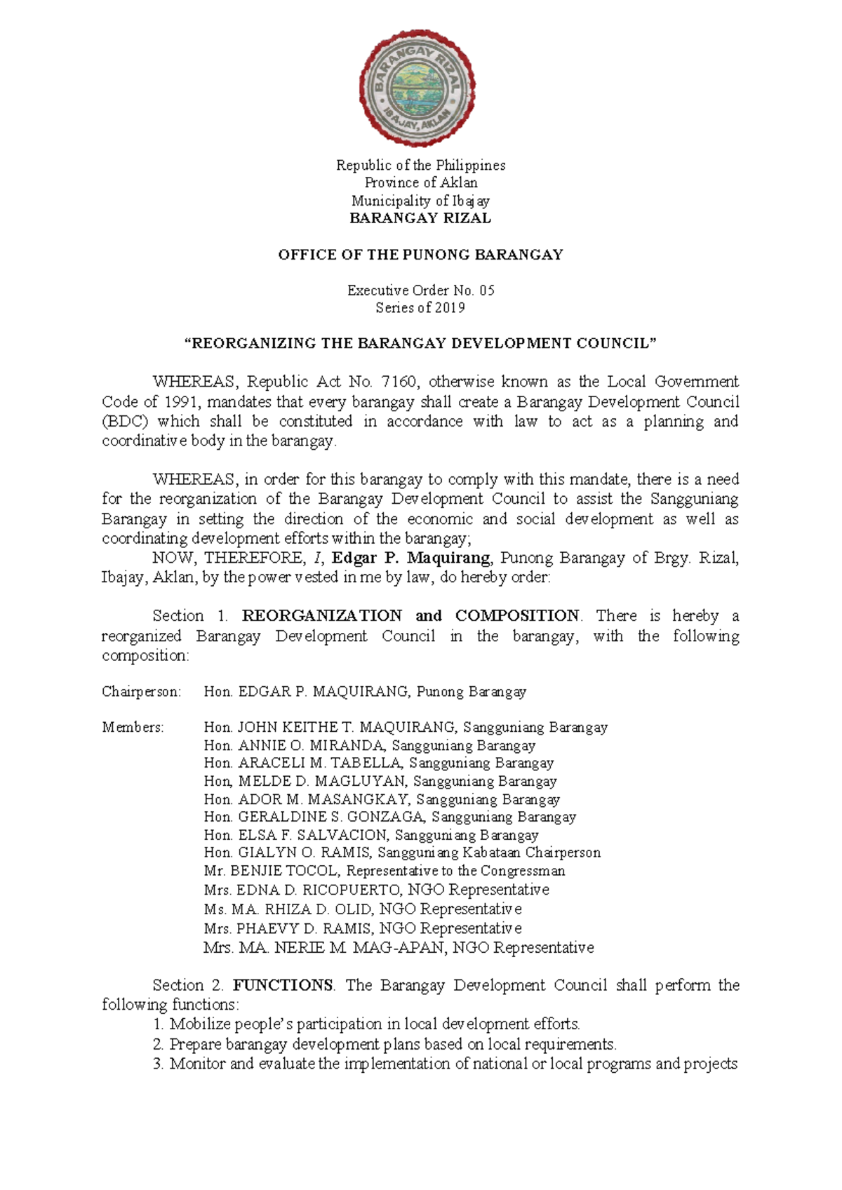 EO-BDC - searching - Republic of the Philippines Province of Aklan ...