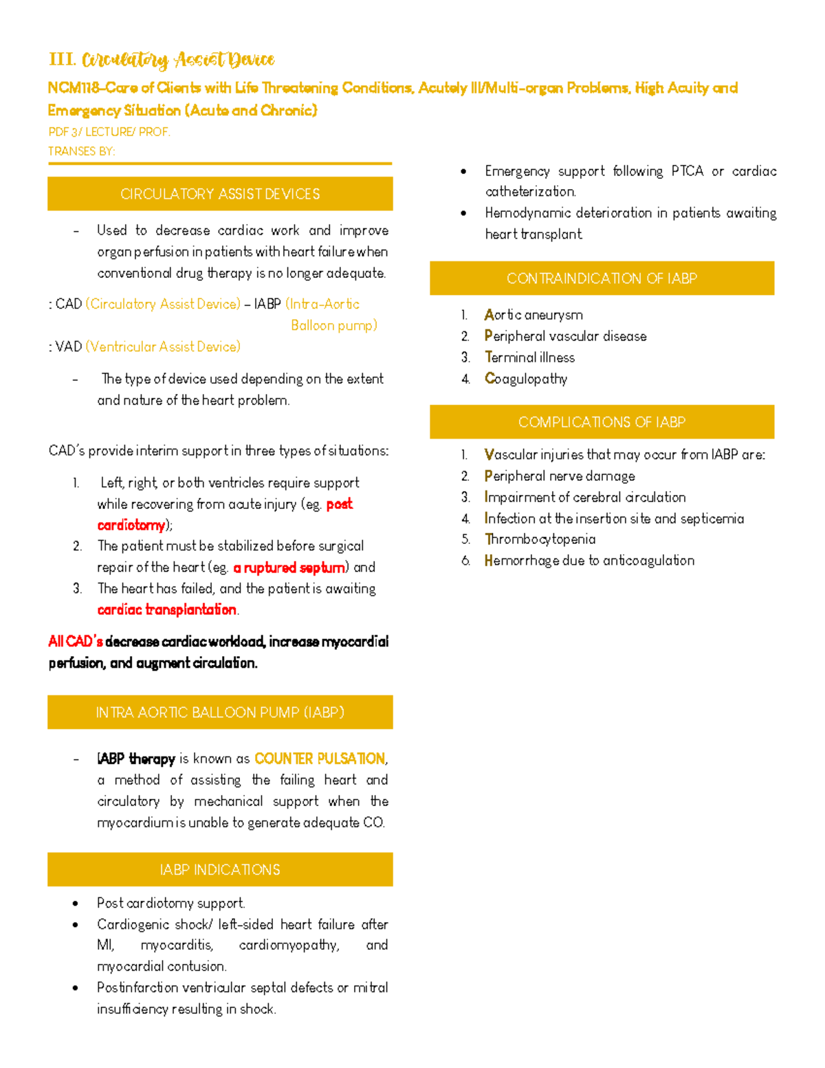 NCM 118 lecture transes - III. Circulatory Assist Device NCM118-Care of ...