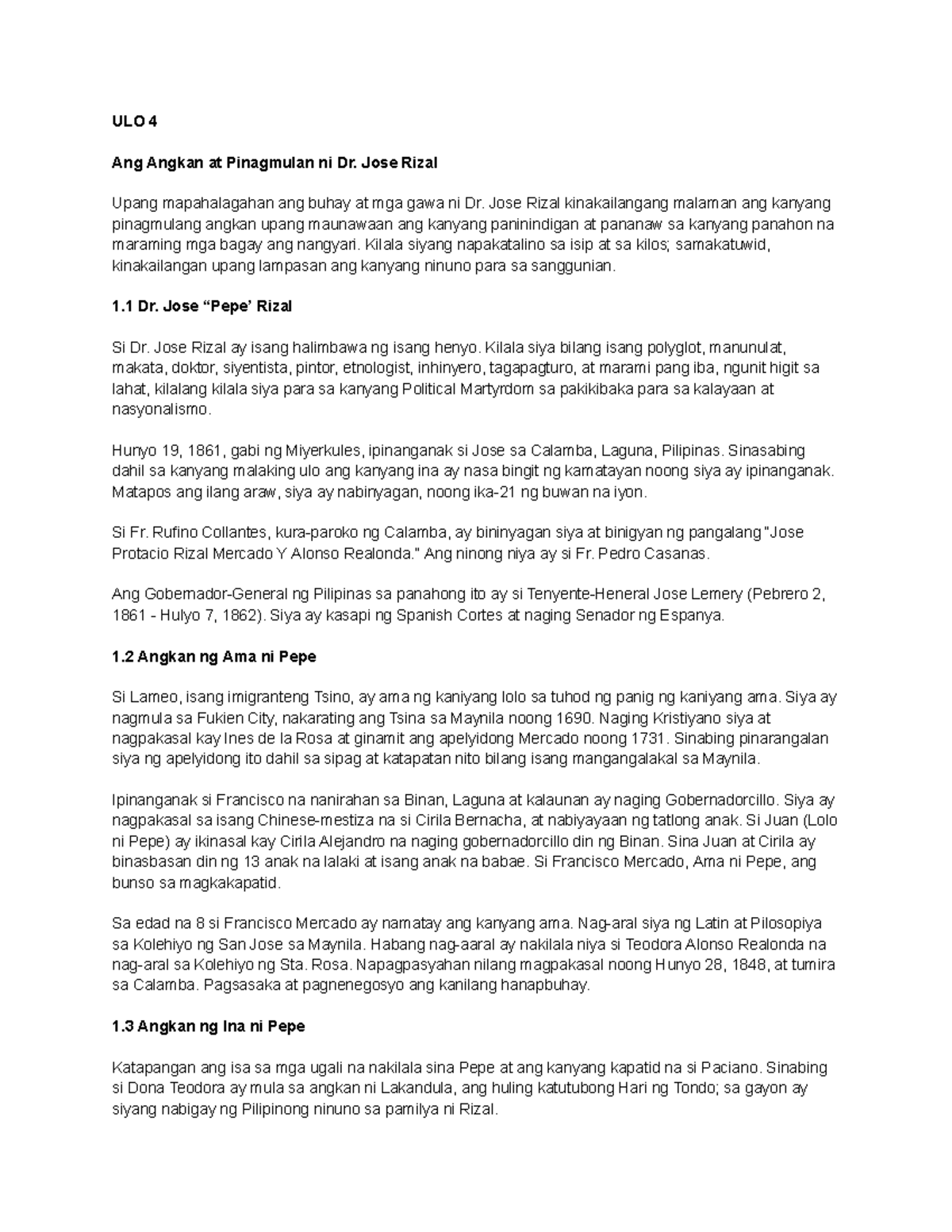 RIZAL LIFE AND WORKS summary - ULO 4 Ang Angkan at Pinagmulan ni Dr ...