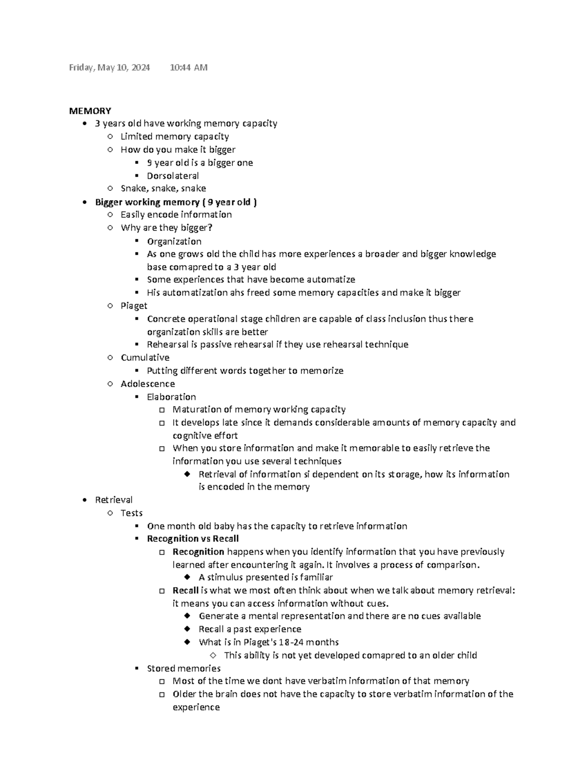 Memory Notes - MEMORY 3 years old have working memory capacity Limited ...