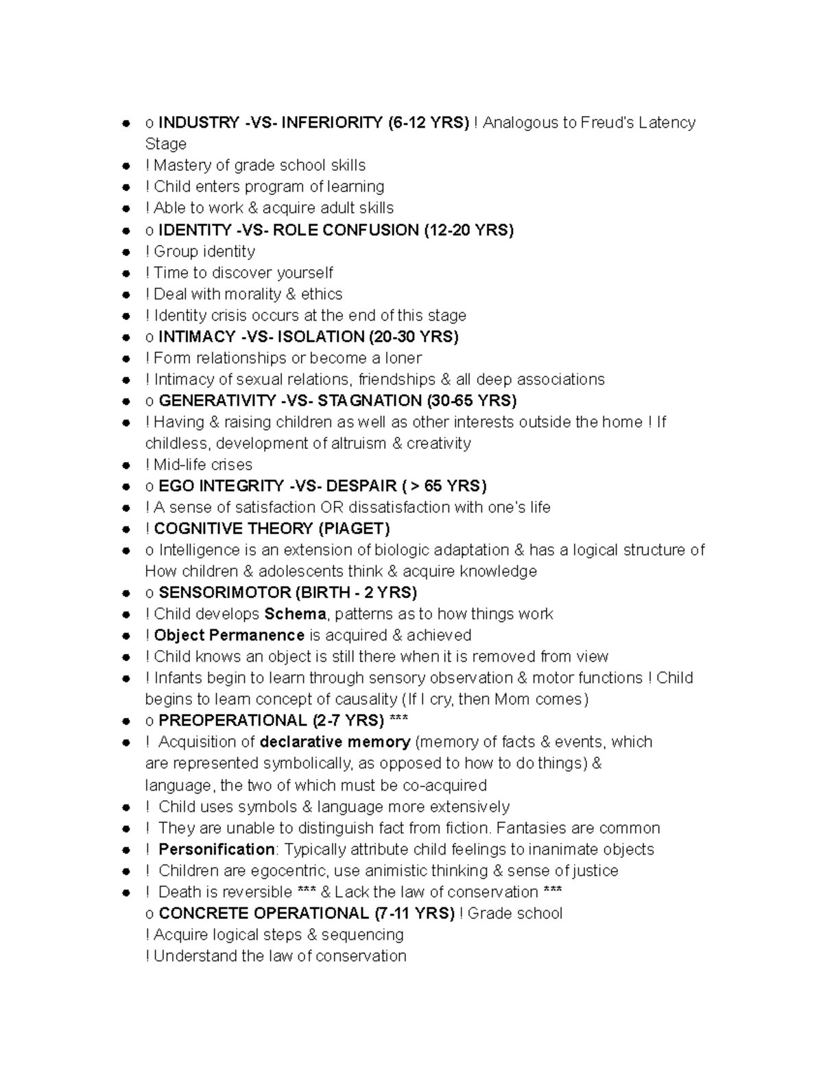Psych 1500 Notes p3 - o INDUSTRY -VS- INFERIORITY (6-12 YRS)! Analogous ...