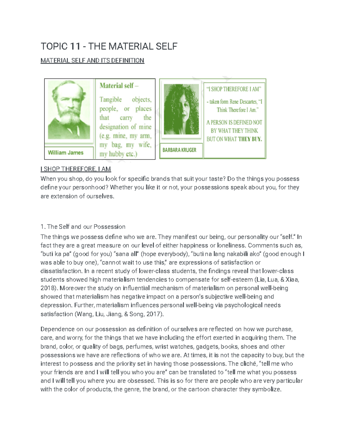 Topic 11 THE Material SELF TOPIC 11 THE MATERIAL SELF MATERIAL