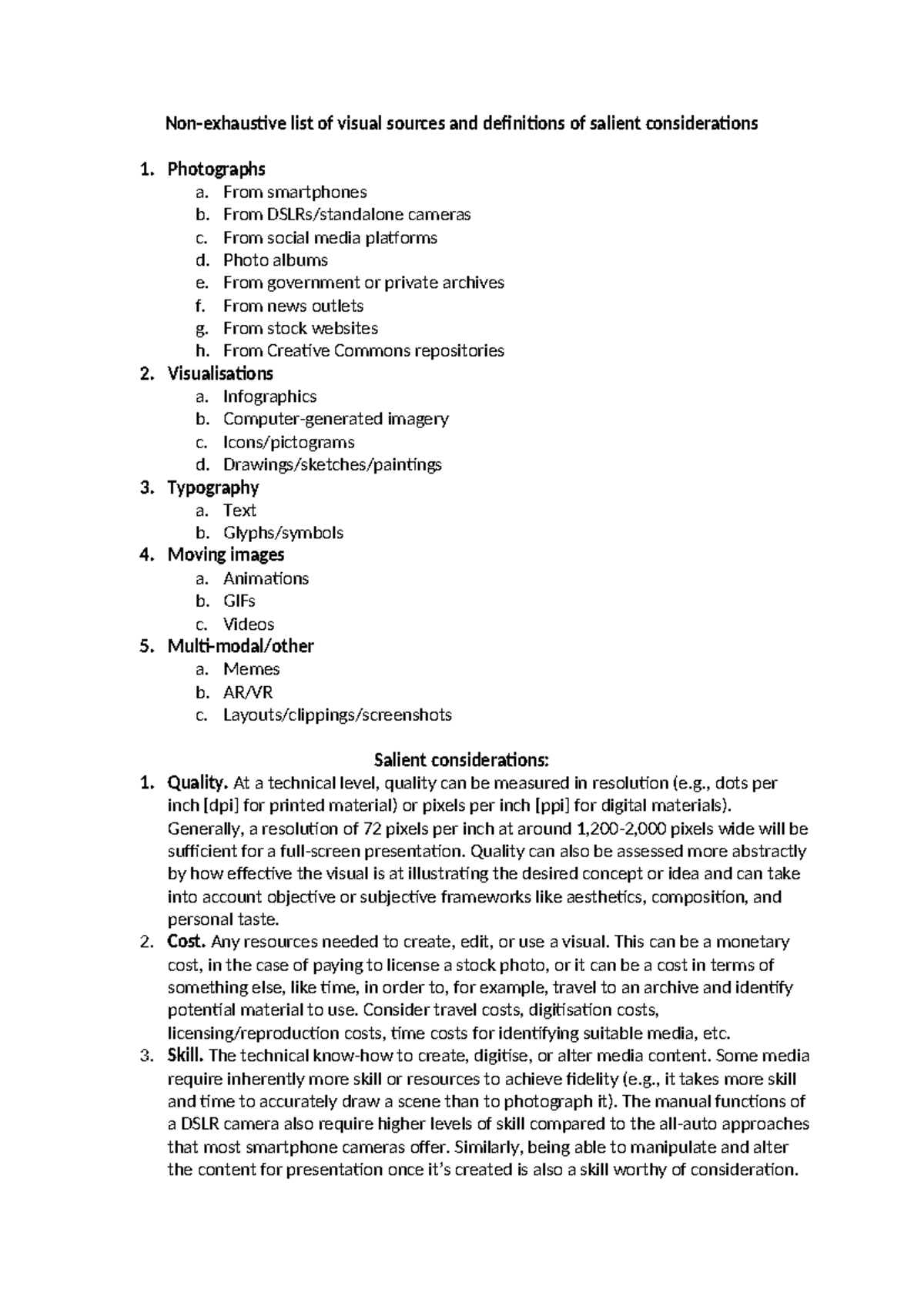 List of visual sources and salient considerations - Non-exhaustive list ...