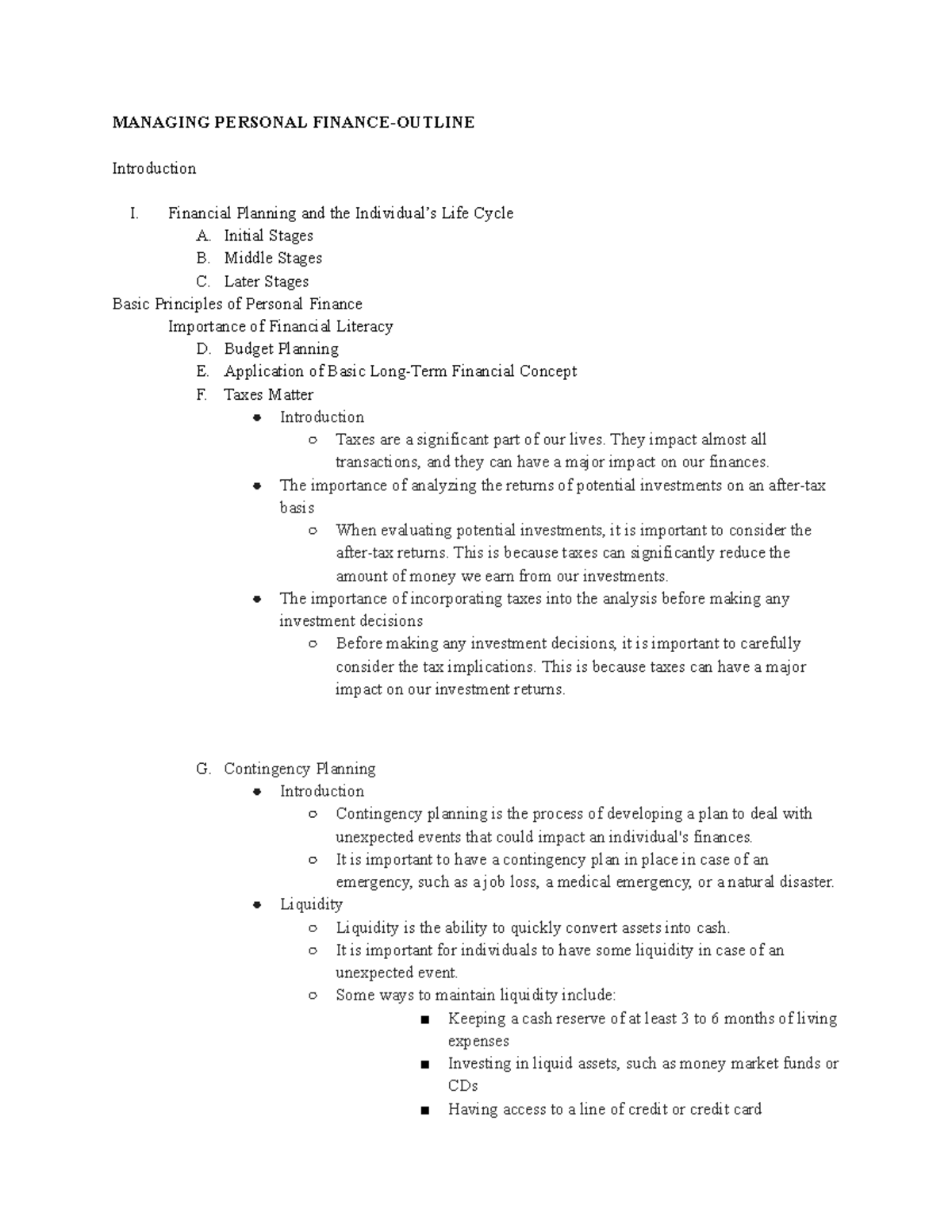 Business Finance - MANAGING PERSONAL FINANCE-OUTLINE Introduction I ...