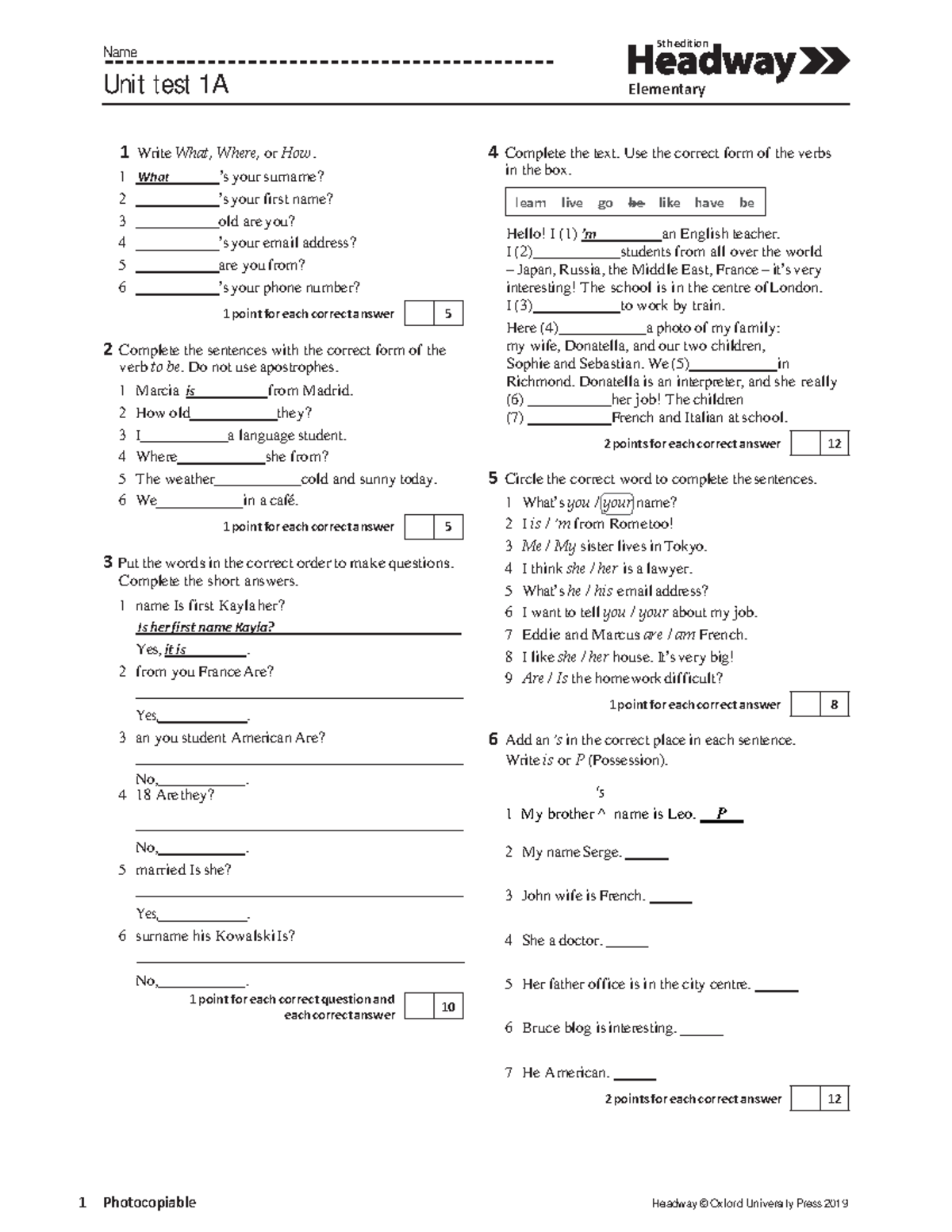 HW5e Elementary TR Tests unit1 - 5th edition Name Unit test 1A ...