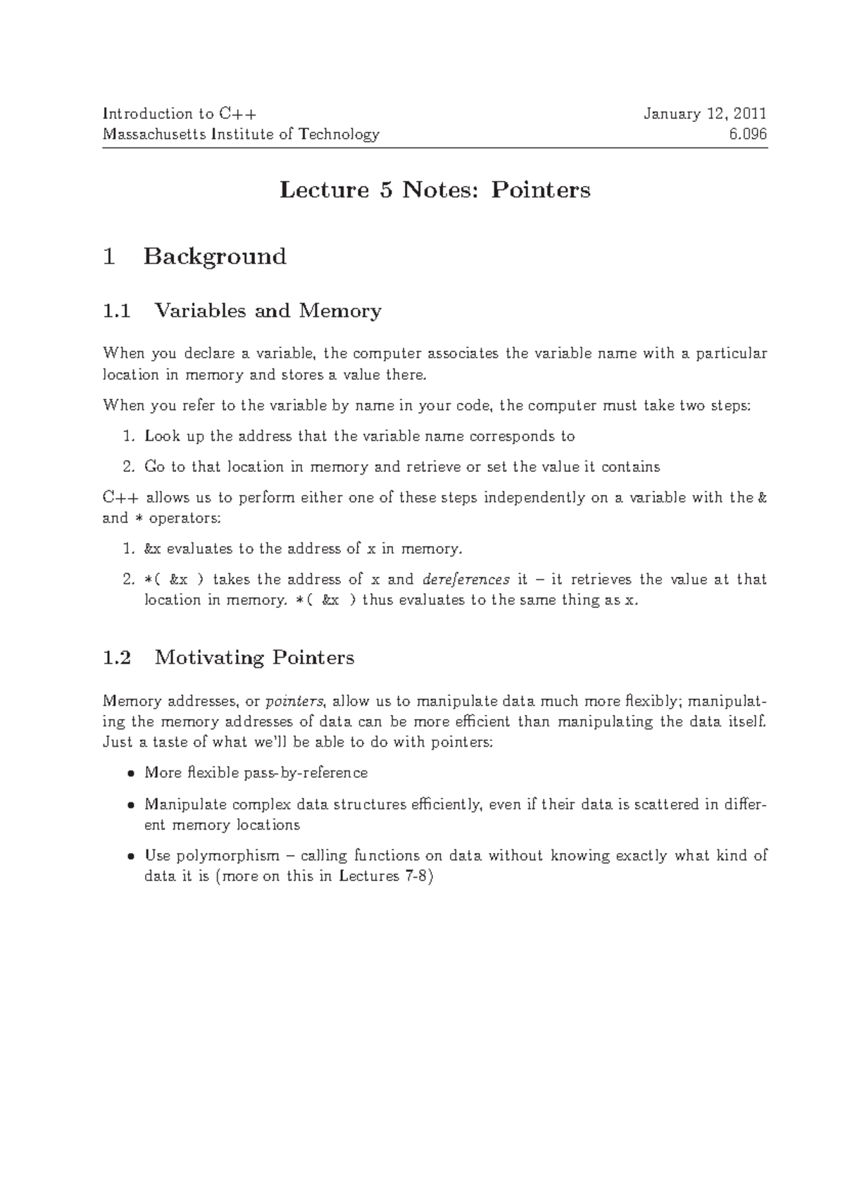 5 Pointers - TOPIC 5 - 6. Introduction to C++ January 12, 2011 ...
