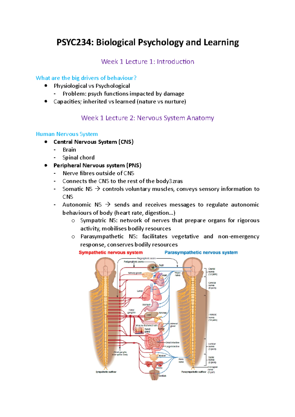 PSYC234-lecture-notes All Weeks UOW - PSYC234: Biological Psychology ...