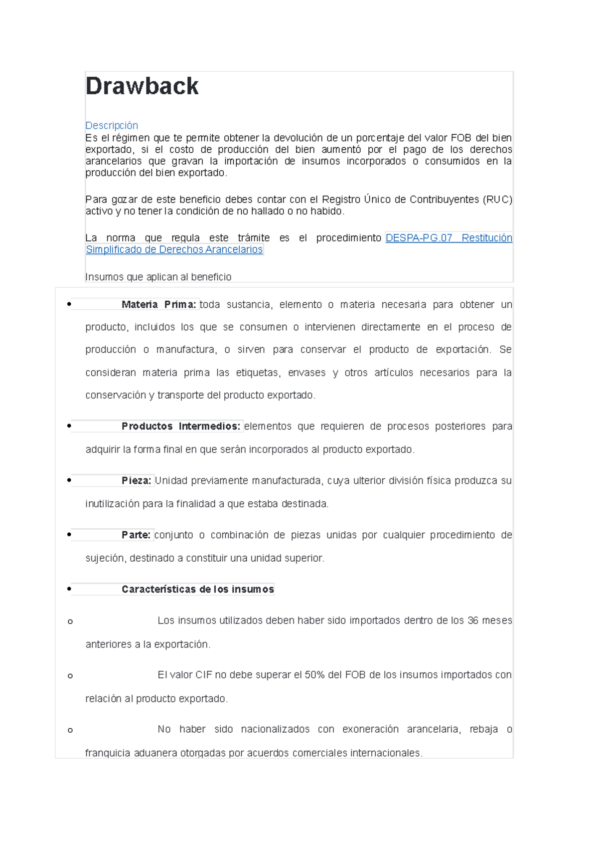 Drawback Descripción - TRIBUTACION - Drawback Descripción Es el régimen ...