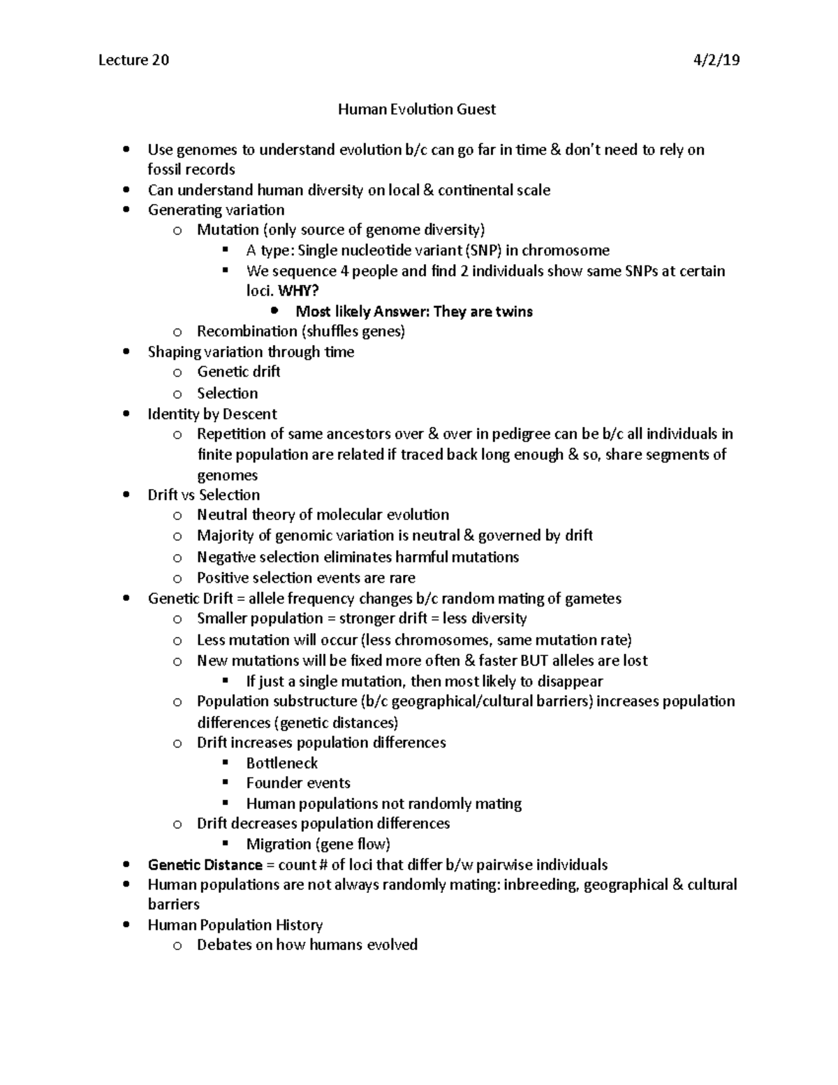 Human Evolution - Guest Lecture Notes (Spring 2019) - Lecture 20 4/2 ...