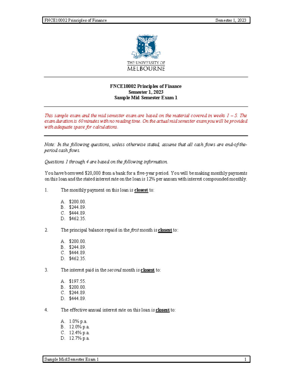 Sample Mid Sem 1-Sem1-2023 - FNCE10002 Principles of Finance Semester 1, 2023 Sample Mid ...