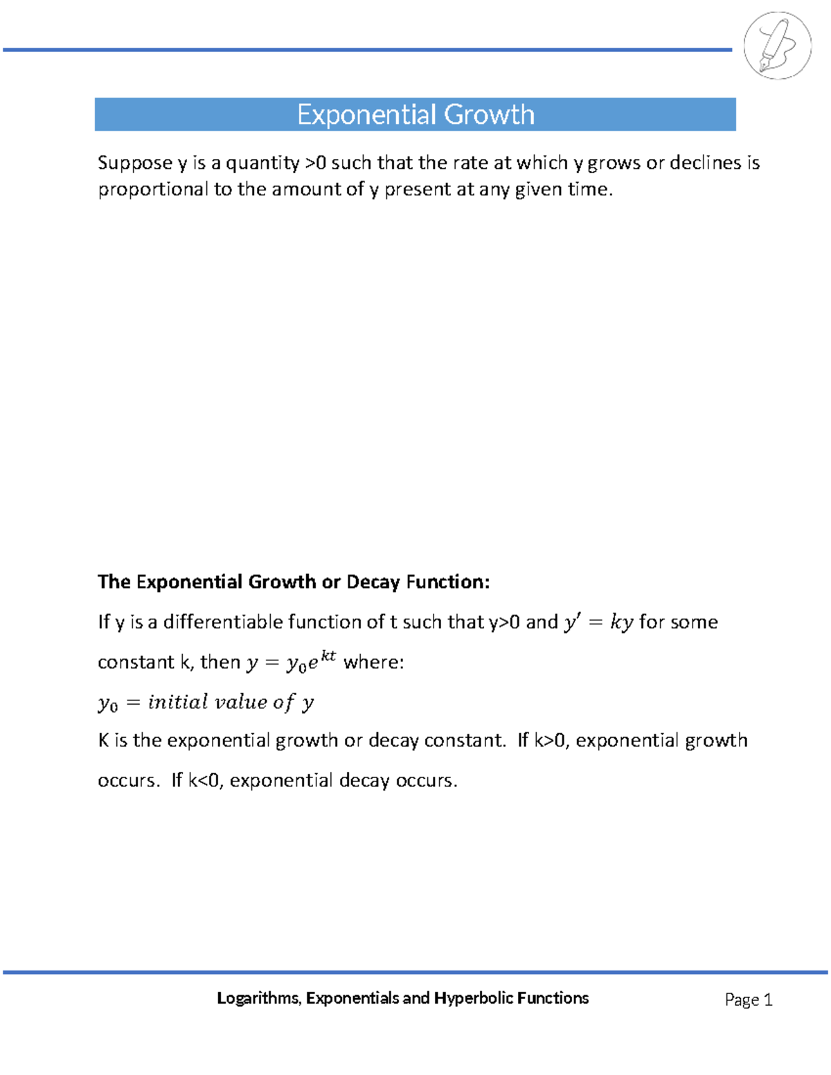7.2-Exponential models - Exponential Growth Suppose y is a quantity >0 ...