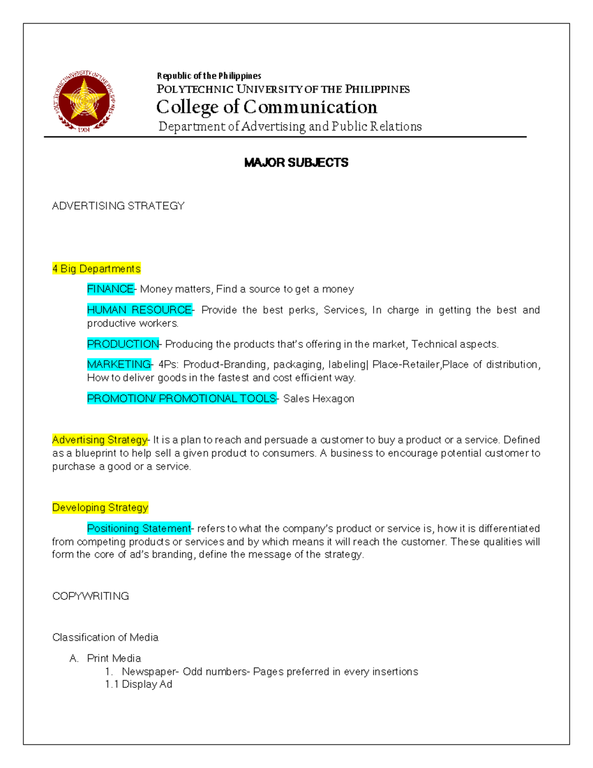 Notes- Major- Subjects - Republic of the Philippines POLYTECHNIC ...