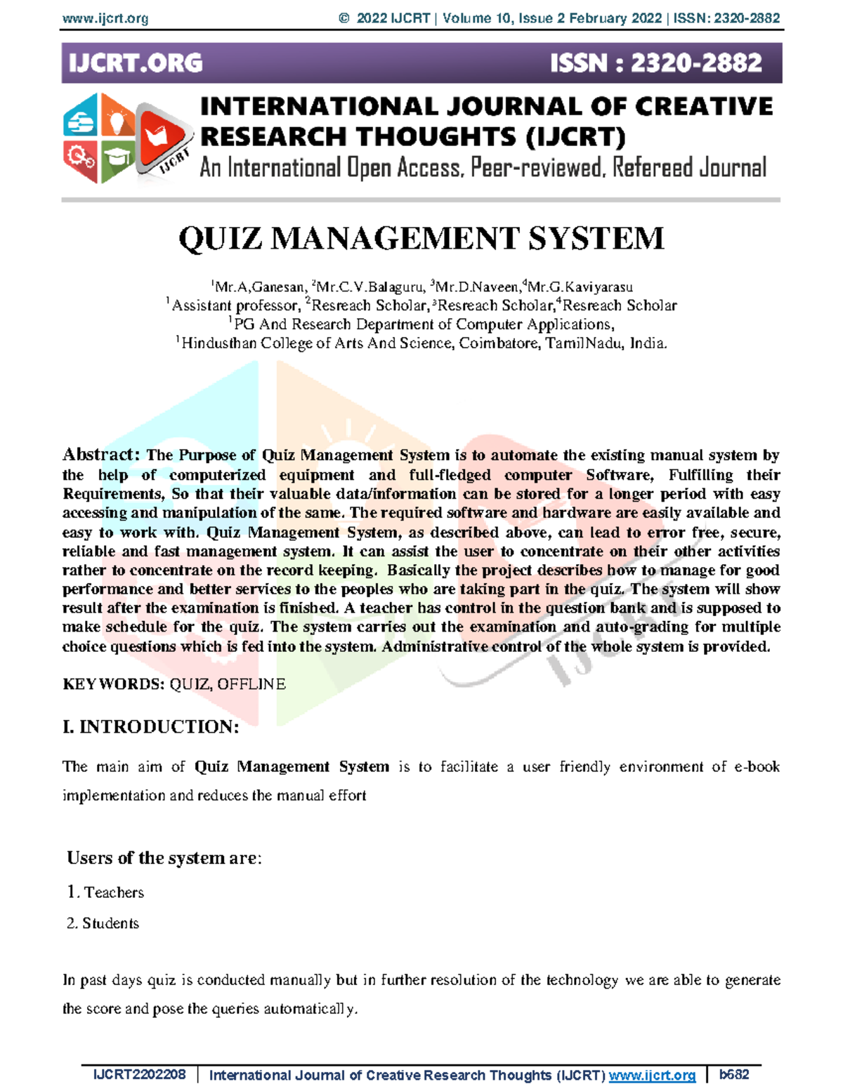 Ijcrt 2202208 - it is very useful - QUIZ MANAGEMENT SYSTEM 1 Mr,Ganesan ...