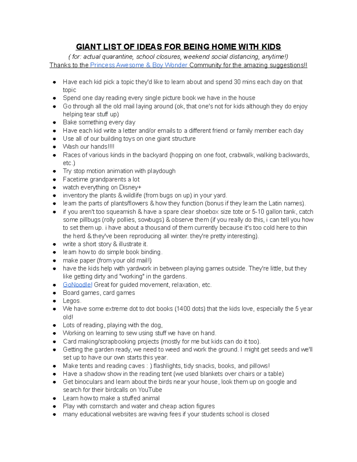 Giant LIST OF Ideas FOR Being HOME WITH KIDS - GIANT LIST OF IDEAS FOR ...