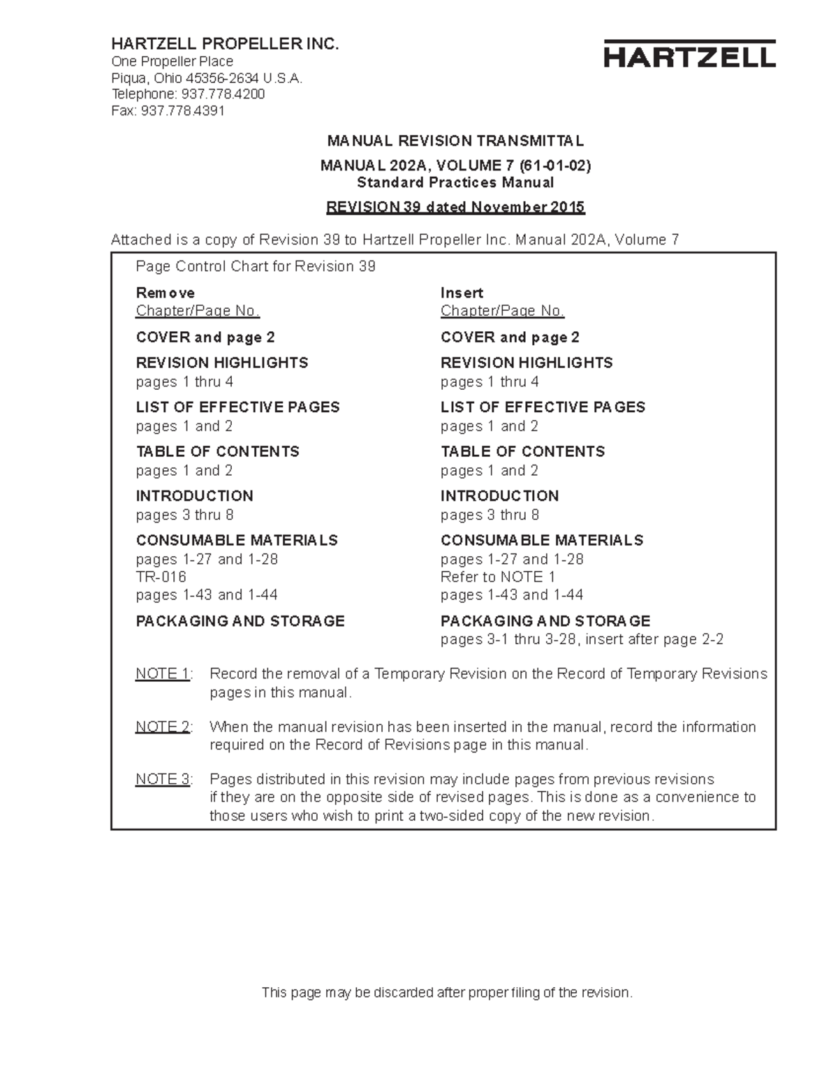 Hartzell propeller inc one propeller place - MANUAL REVISION ...