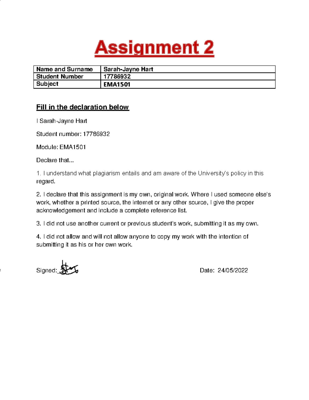 assignment 2 for emergent mathematics - Name and Surname Sarah-Jayne ...